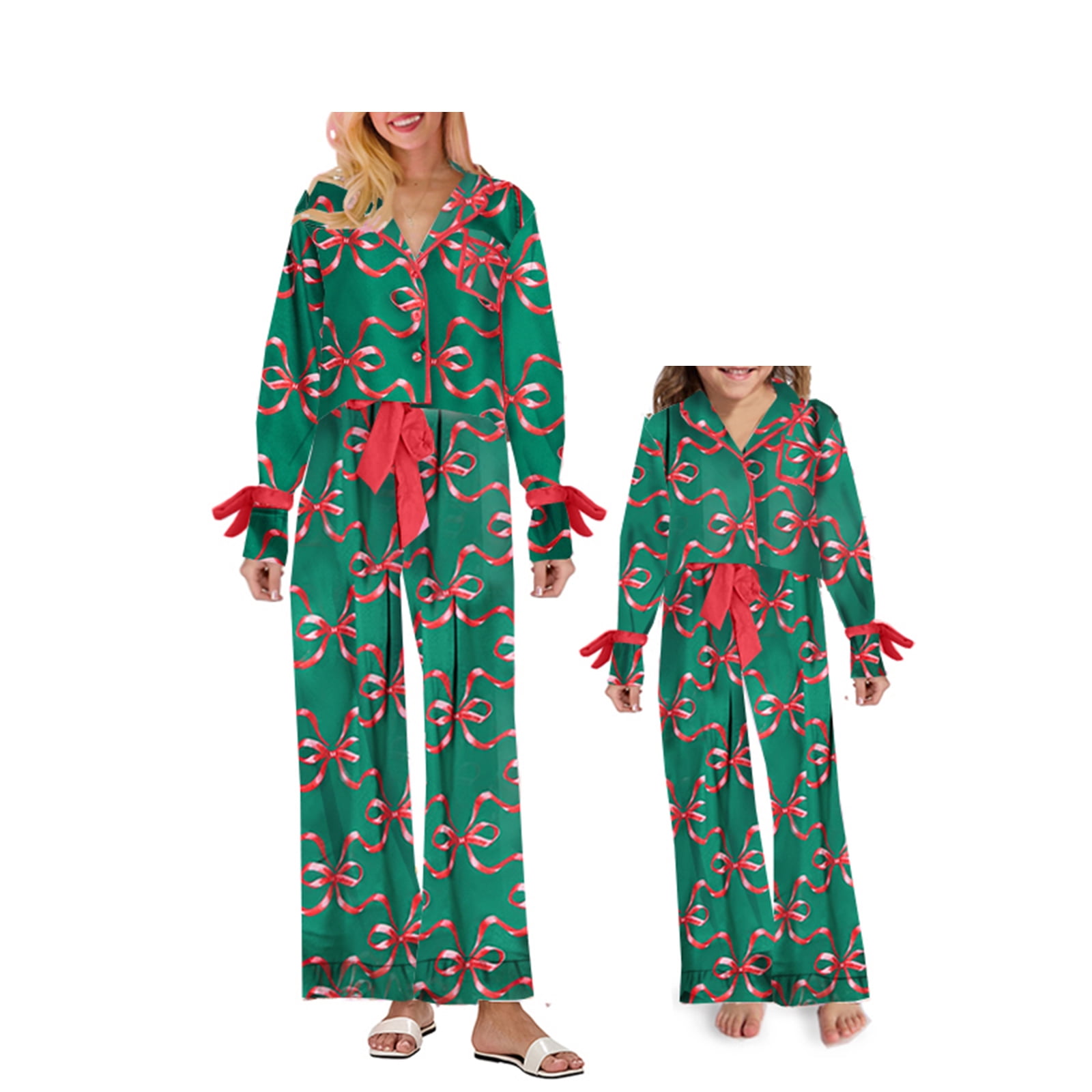 Mommy and Me Matching Pajamas: Bow Print Lape Long Sleeve Button Down ...
