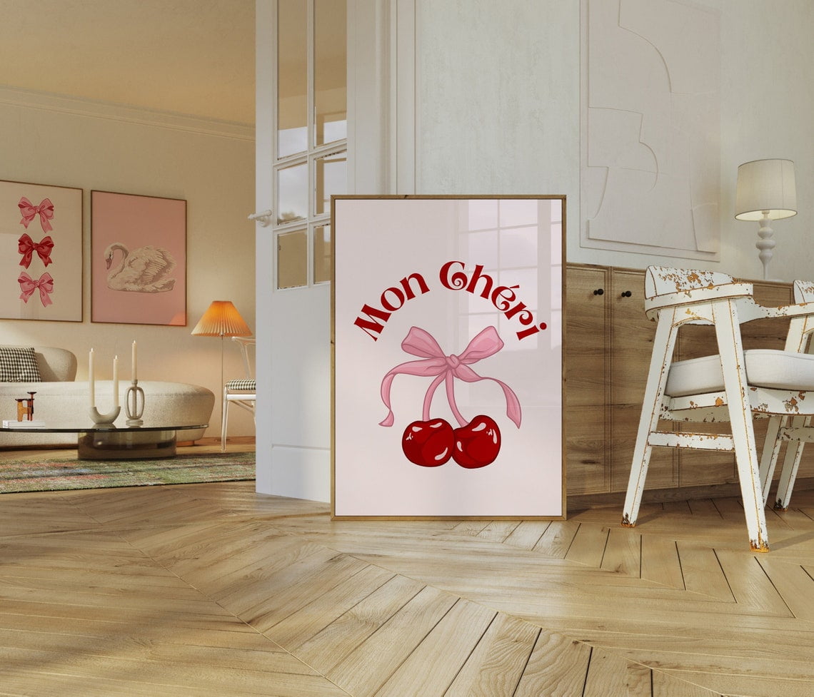 Mon Cheri Print, Coquette Wall Art, Cherry Print, Retro Wall Art, Retro Wall Decor, Aesthetic ...