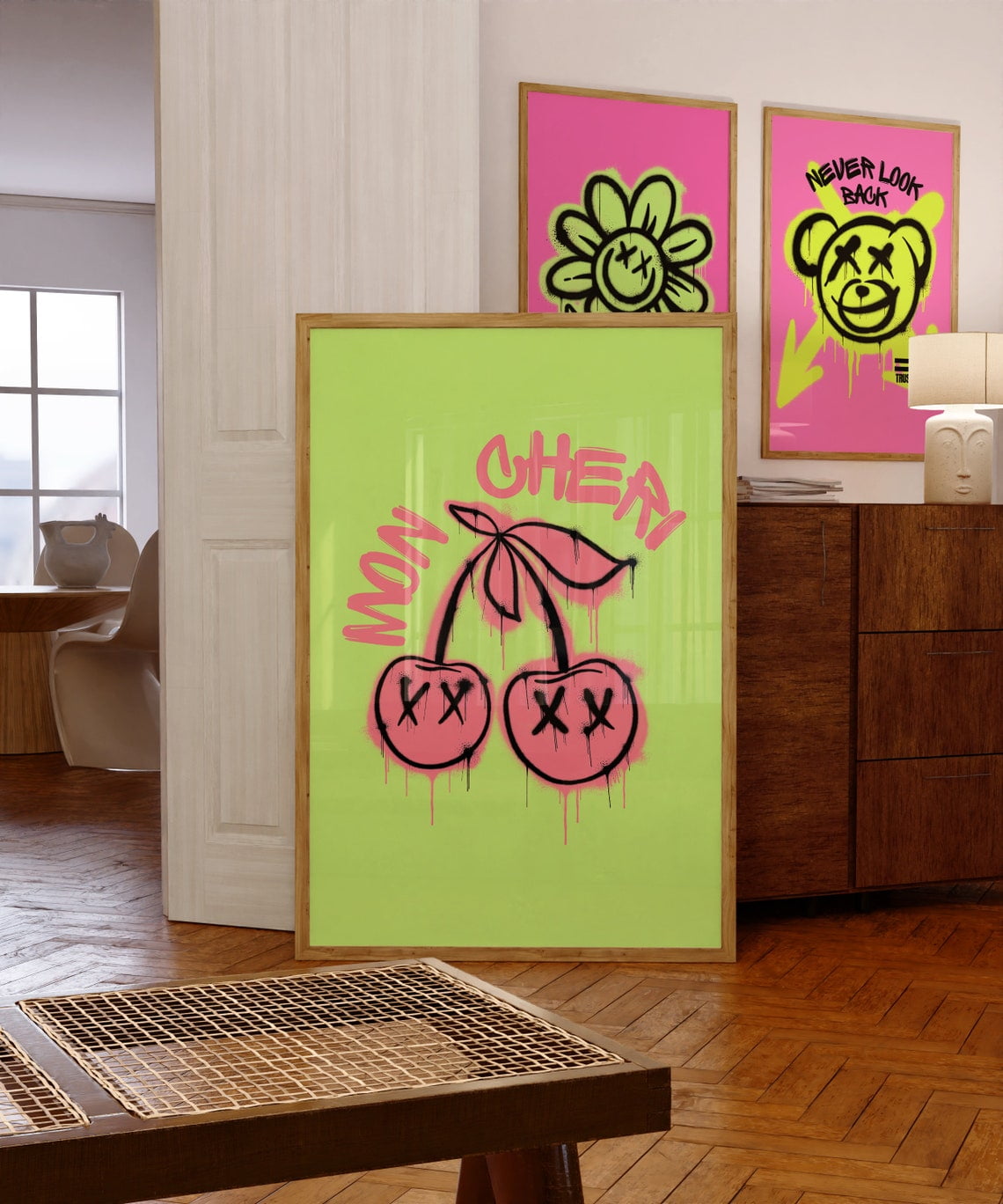 Mon Cheri Print, Graffiti Wall Decor, Cherry Print, Retro Wall Art ...