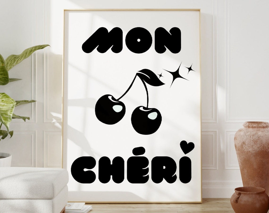 Mon Cheri Wall Print, Retro Wall Decor, Y2K Poster, Preppy Room Decor, Pink Red Cherry Print ...