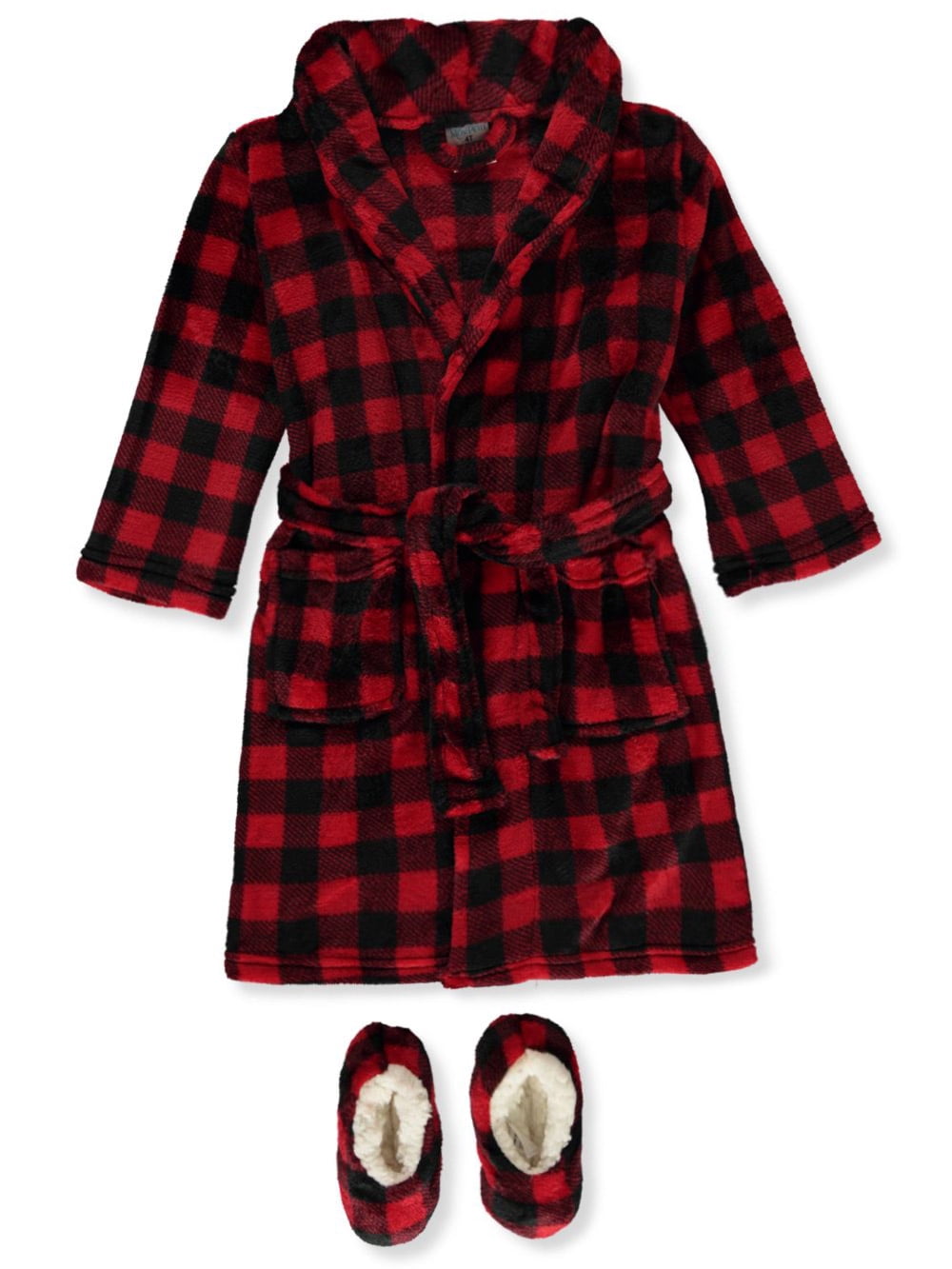 Mon Petit Boys' 2-Piece Plush Bathrobe and Slippers Set, Black Red, 4T ...