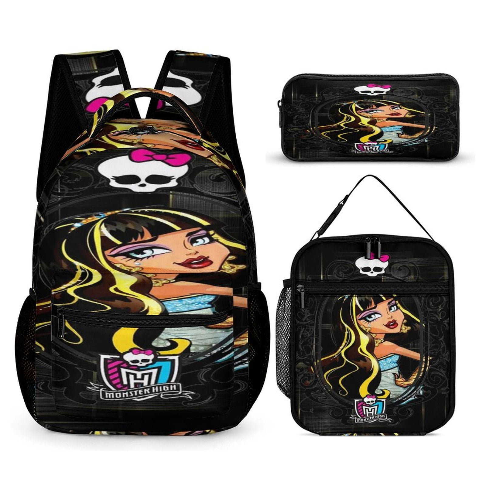 Mon-Ster High Backpack with Lunch Box Pencil Case Cute Backpack Set For ...