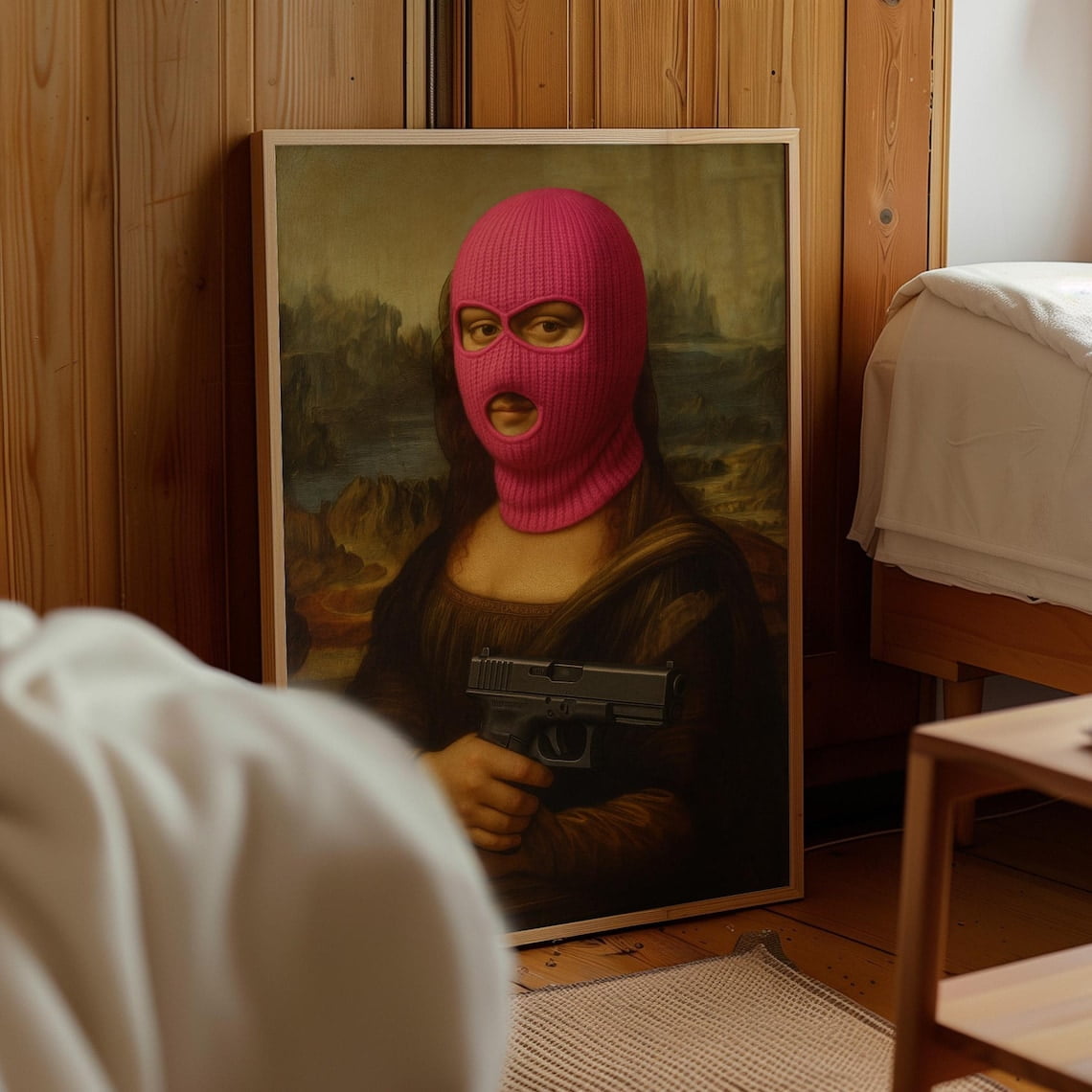 Mona Lisa Balaclava Altered Wall Art Funny Renaissance Parody Art, Pink ...