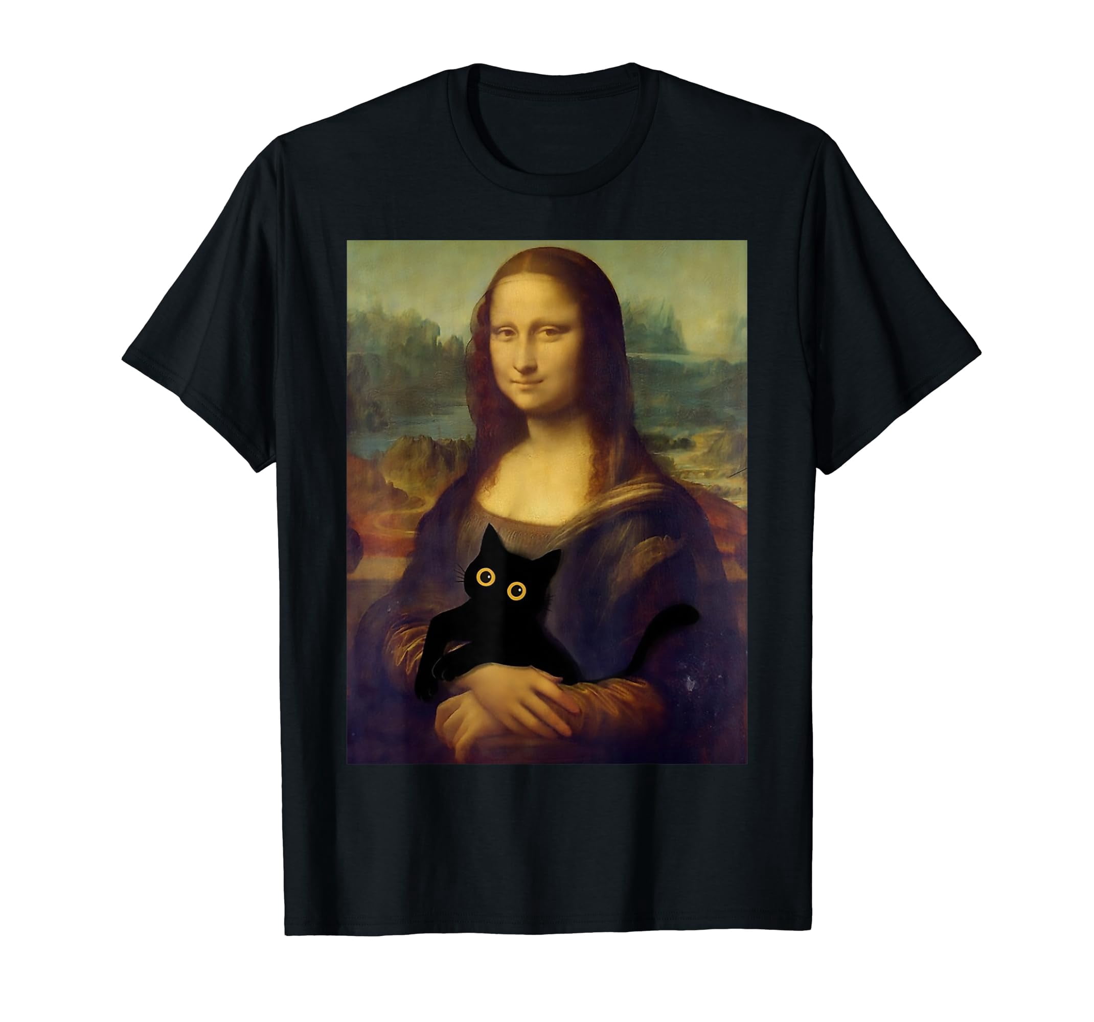 Mona Lisa With Cat Funny Art Painting heartbeat Black T-Shirt - Walmart.com