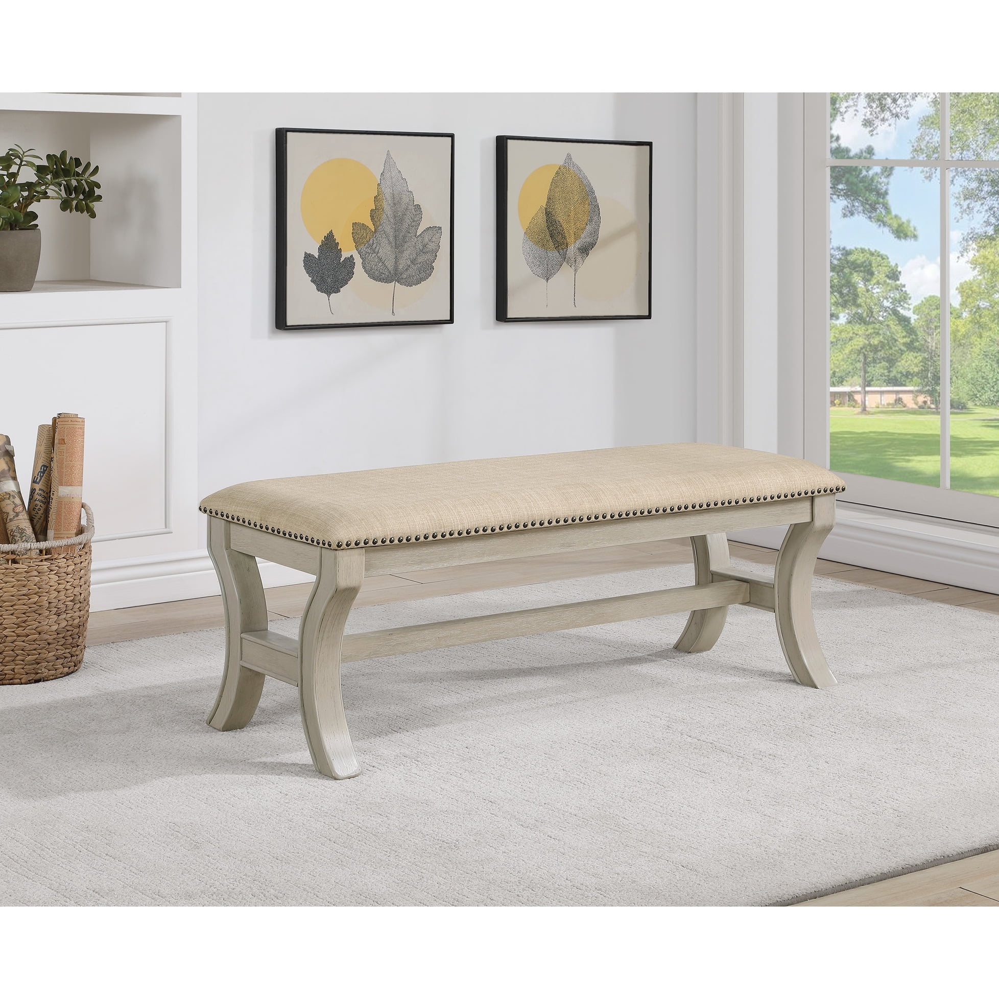 Monaco 48" Bench in Linen White Fabric with White Wash Base - Walmart.com