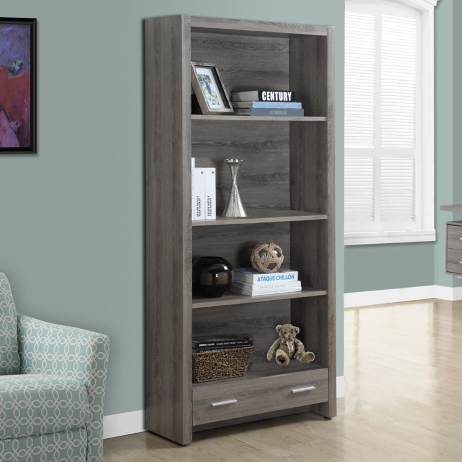 Monarch Bookcase 71"H / Dark Taupe With A Storage Drawer - Walmart.com