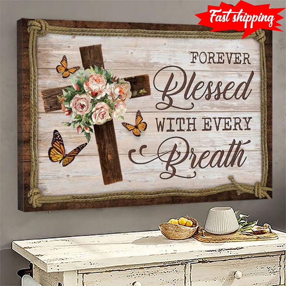 Monarch Butterflies Flying Around Floral Jesus Cross Forever Blessed ...