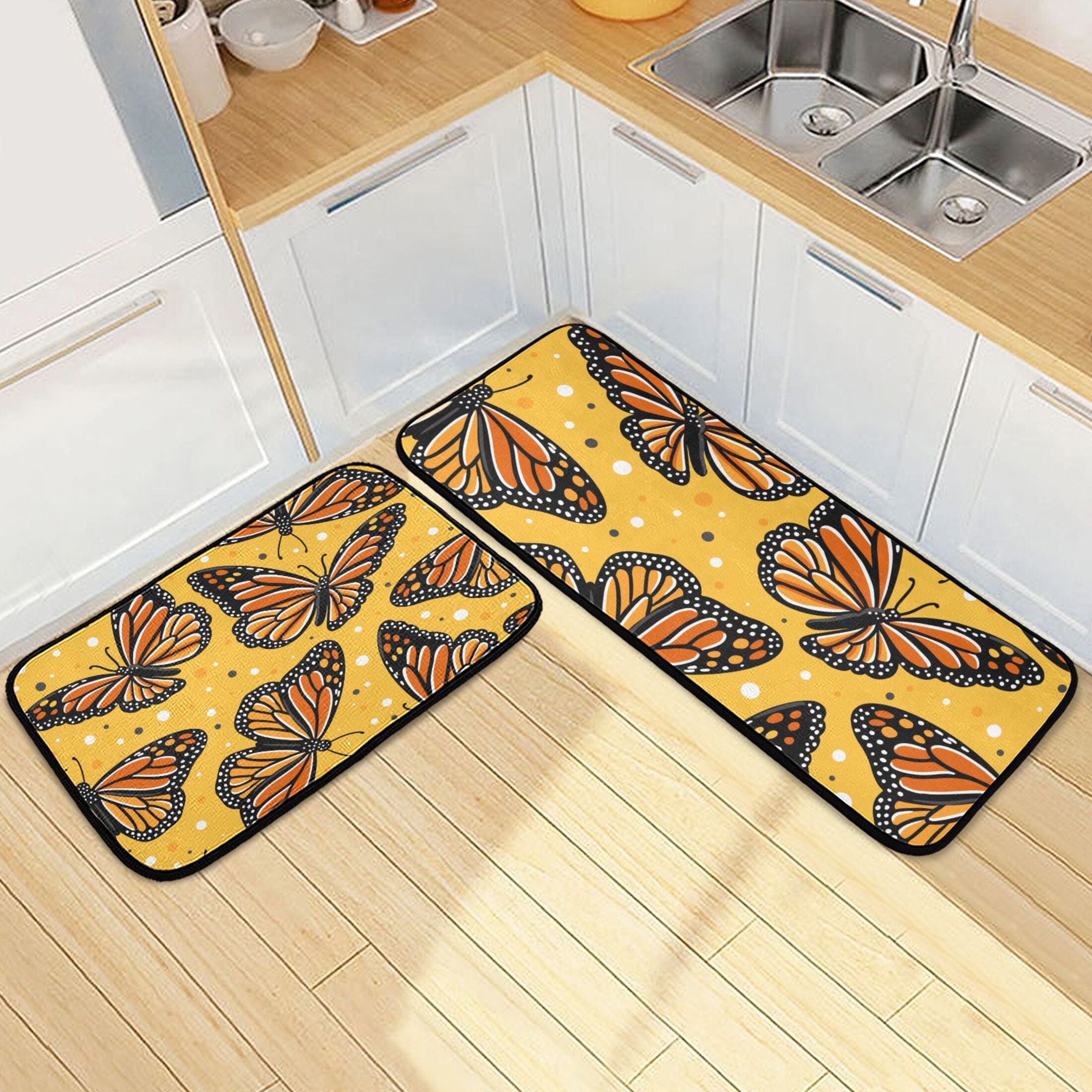 Monarch Butterflies Kitchen Rugs Set of 2 Non Slip Floor Foam Mat ...