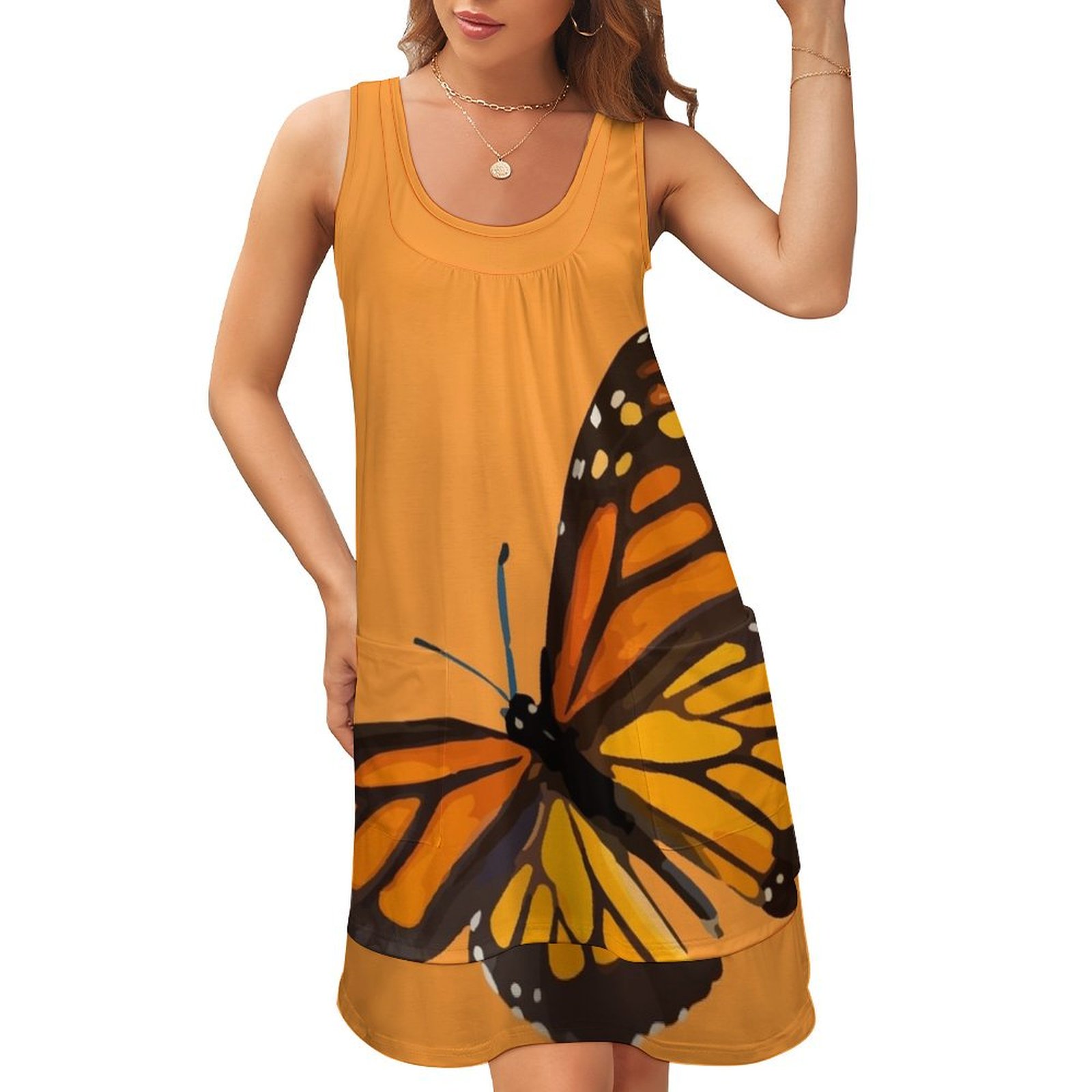 Monarch Butterfly - Burnt Orange Sleeveless U-Neck Fake Two Piece Dress ...