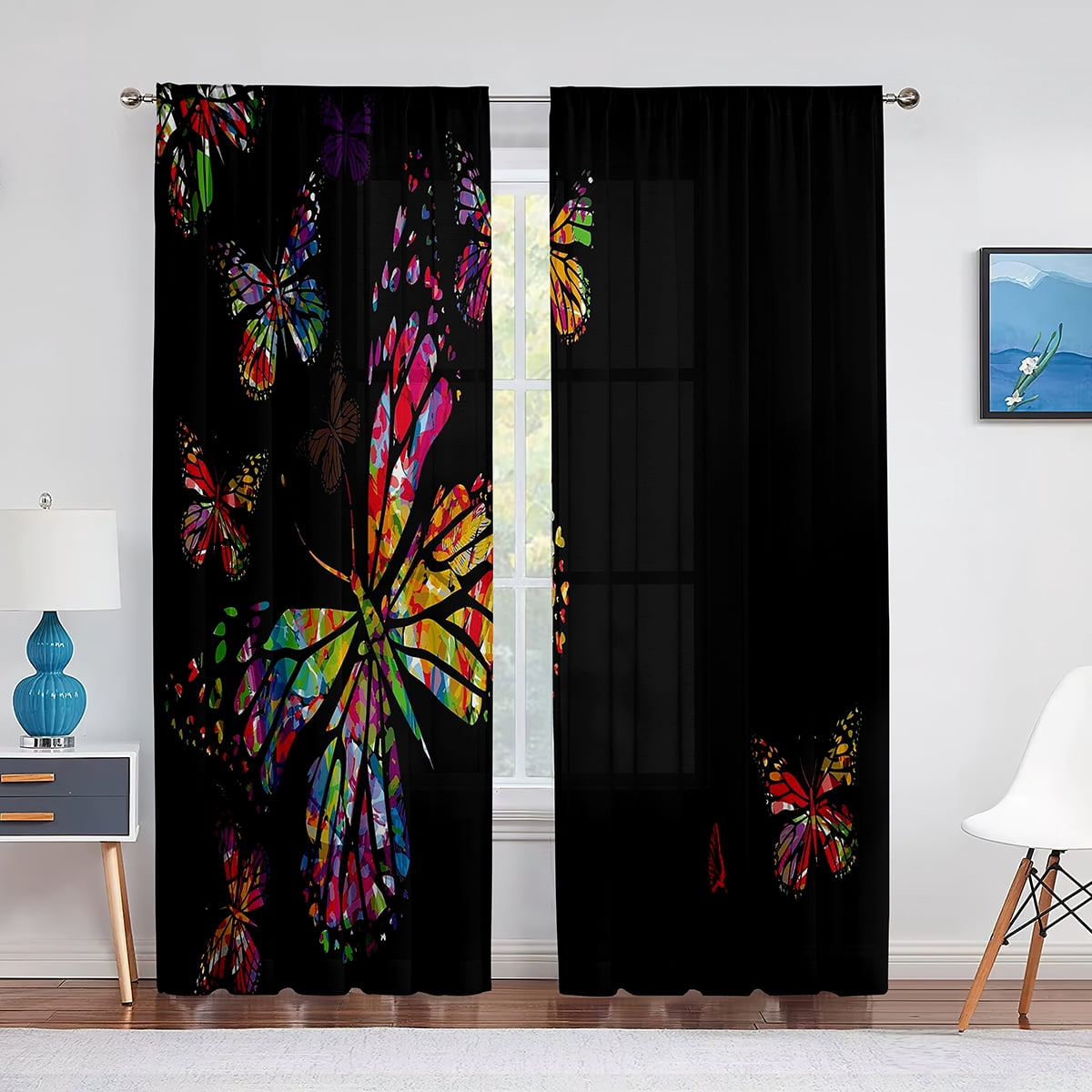 Monarch Butterfly Colorful Floral Flowers Tulle Curtains for Living ...