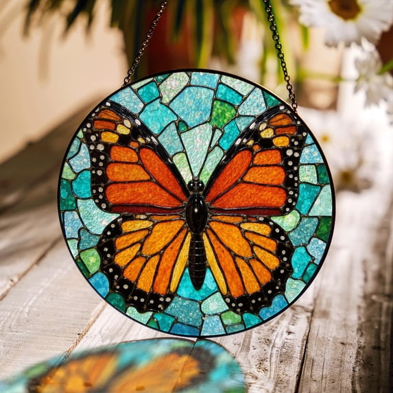 Monarch Butterfly Glass Suncatcher, Round Window Decor Art, 6.3 in ...