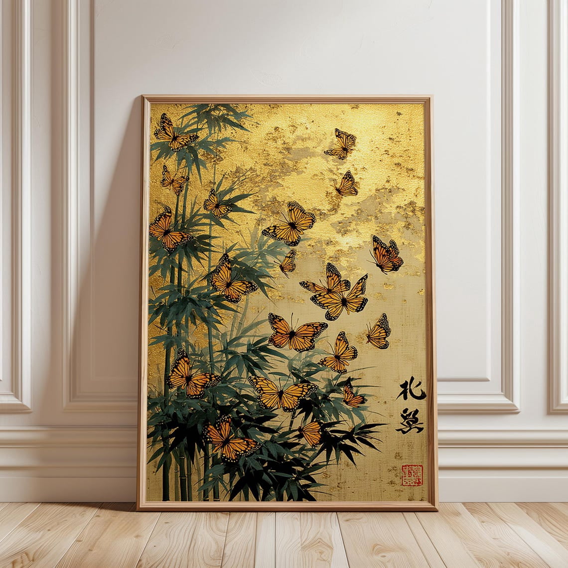 Monarch Butterfly Golden Illustration Bamboo Asian Inspired Art Print ...