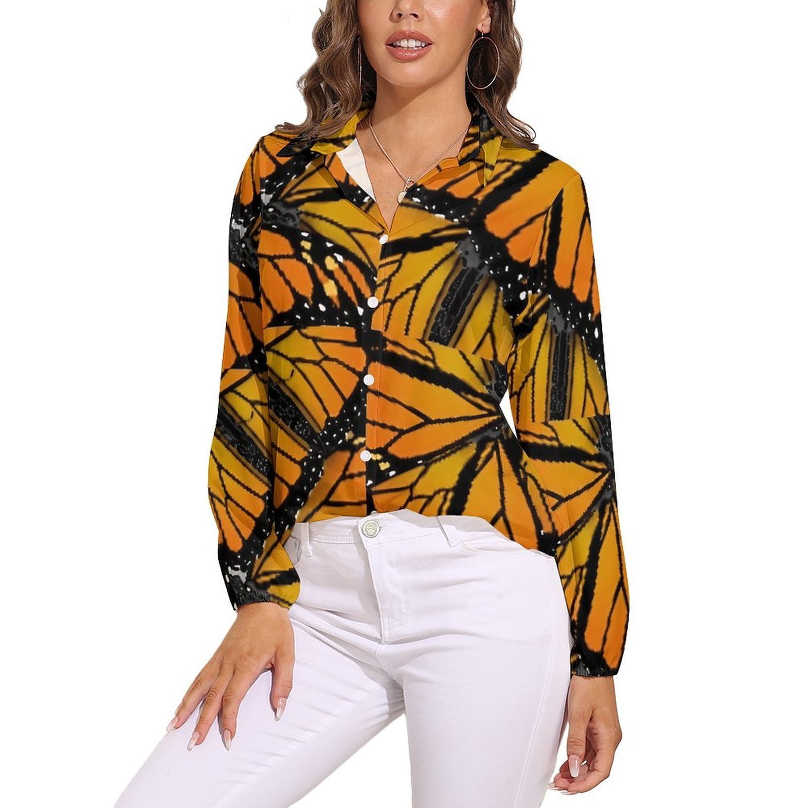 Monarch Butterfly Pattern Abstract Black Art Long Sleeve Blouse Woman ...