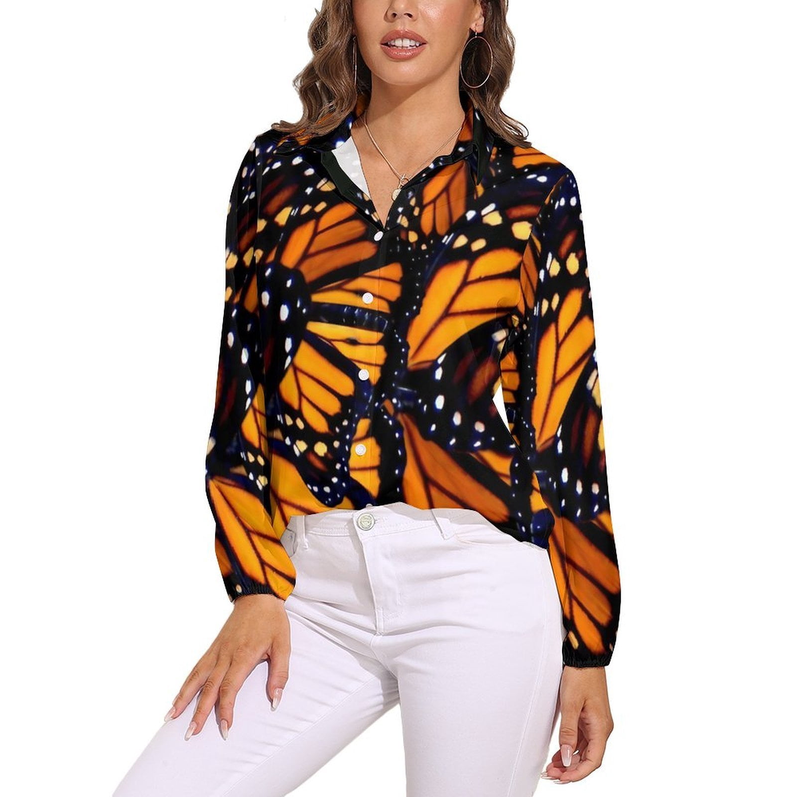 Monarch Butterfly Print-1 Vntage Casual Long Sleeve Shirt Blouse Woman ...