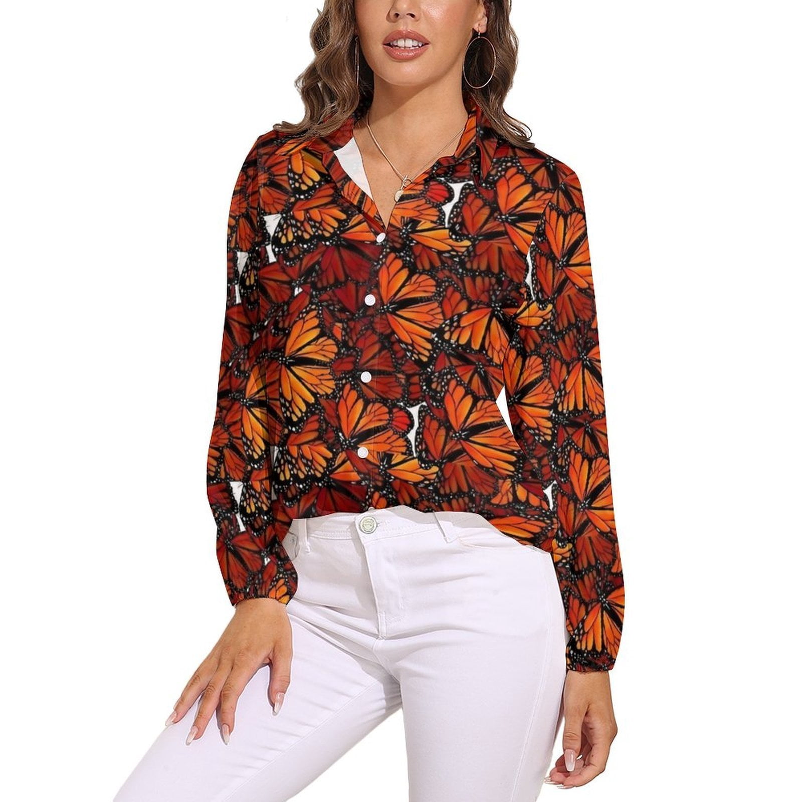 Monarch Butterfly Print(2) Vntage Casual Long Sleeve Shirt Blouse Woman ...