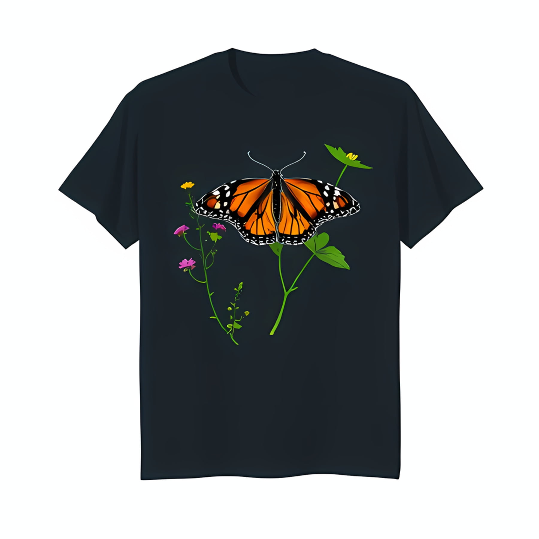 Monarch Butterfly in Graphic T-Shirt Blue Neck with Colorful Floral ...