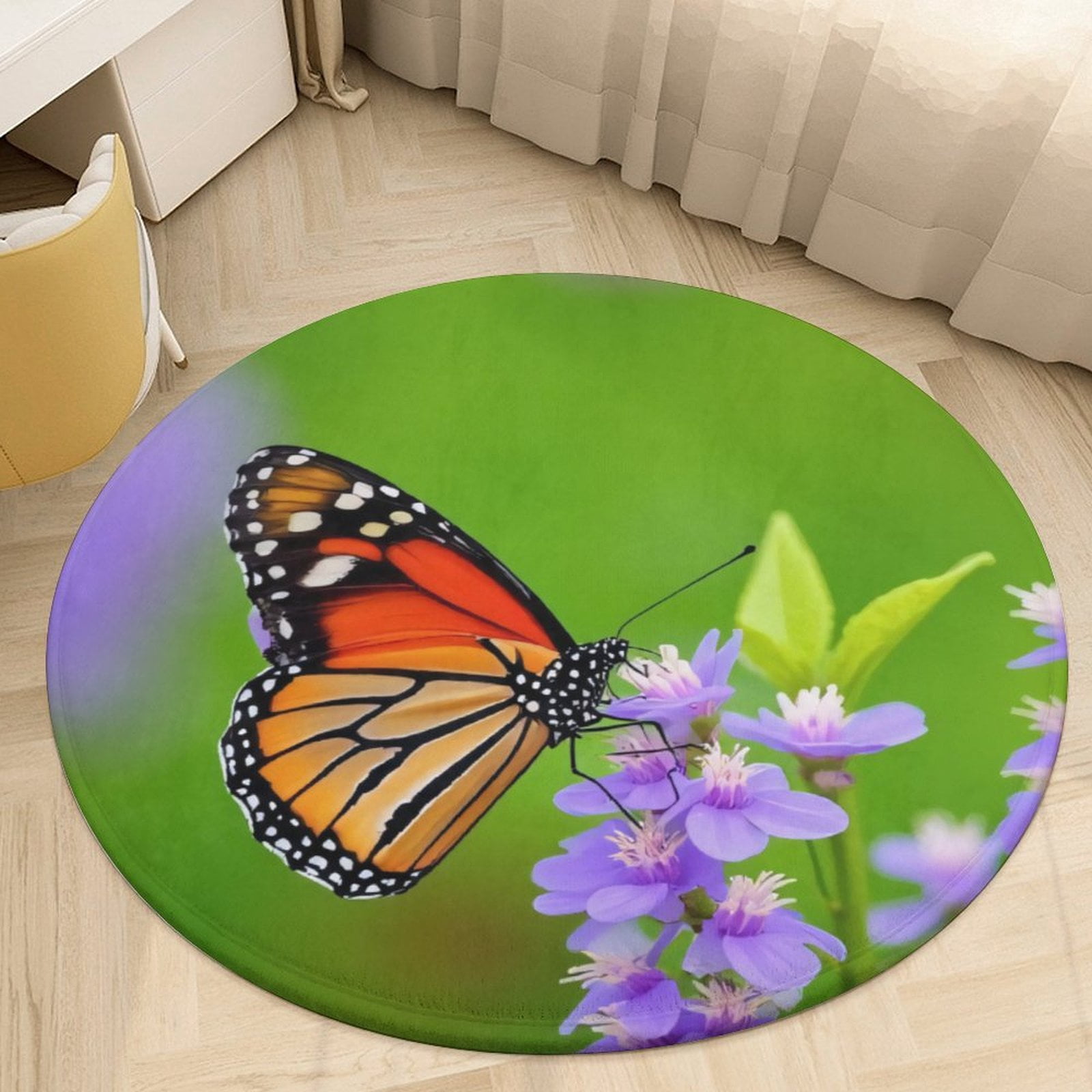 Monarch Butterfly on Purple Flowers Round Area Rugs for Bedroom Living ...