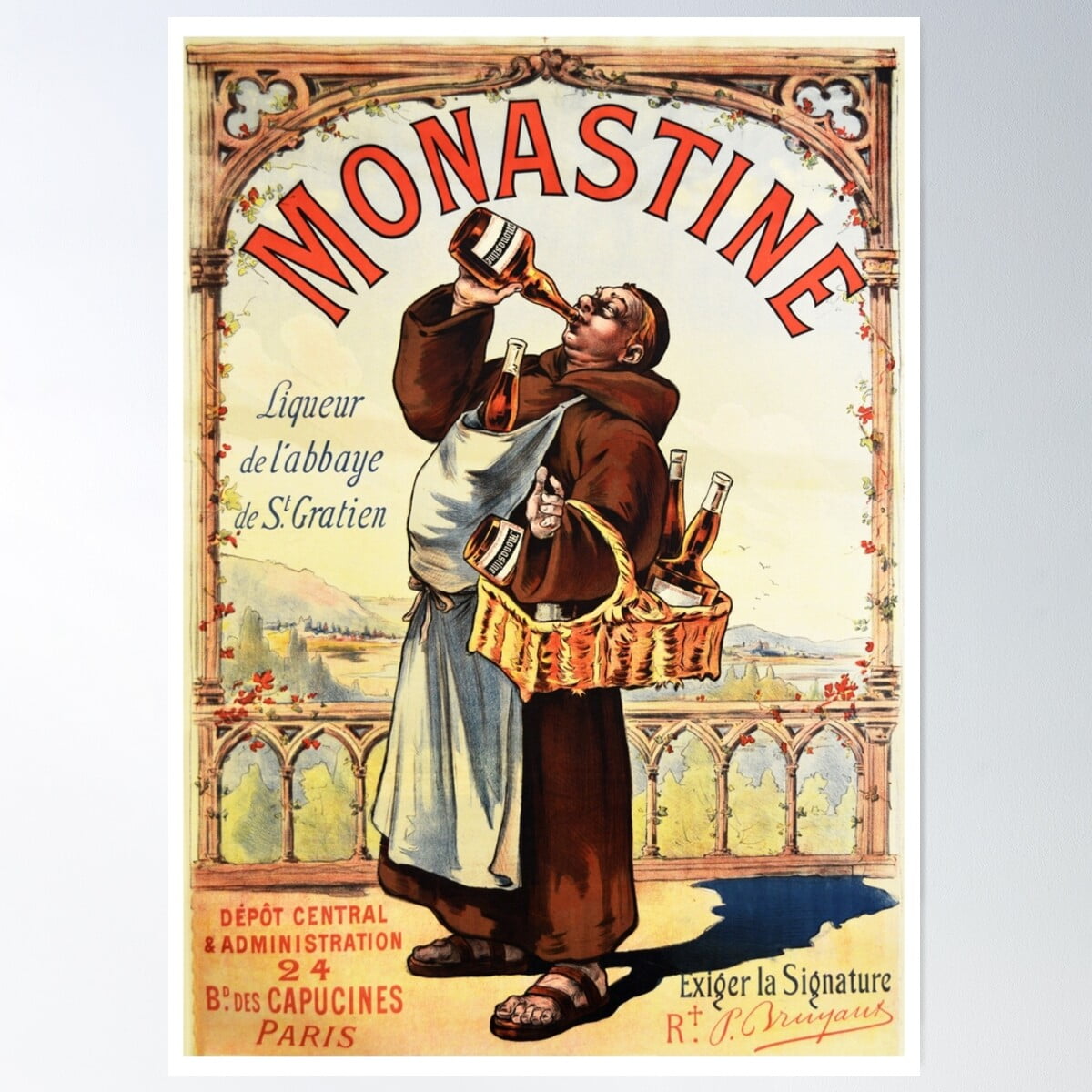 Monastine Liqueur Monk Drinking Alcohol Vintage French Poster Wall Art ...