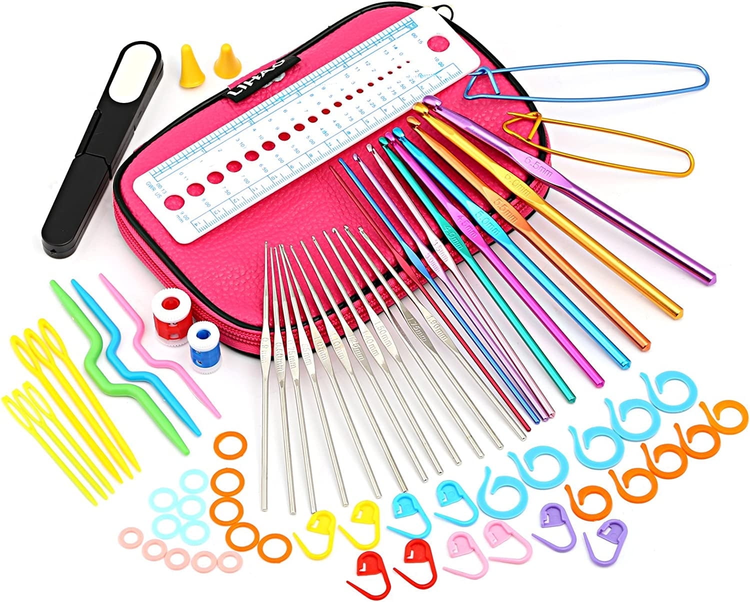 Moncolis 75 Piece Aluminum Handle Crochet Hooks Set with Pink Organizer ...
