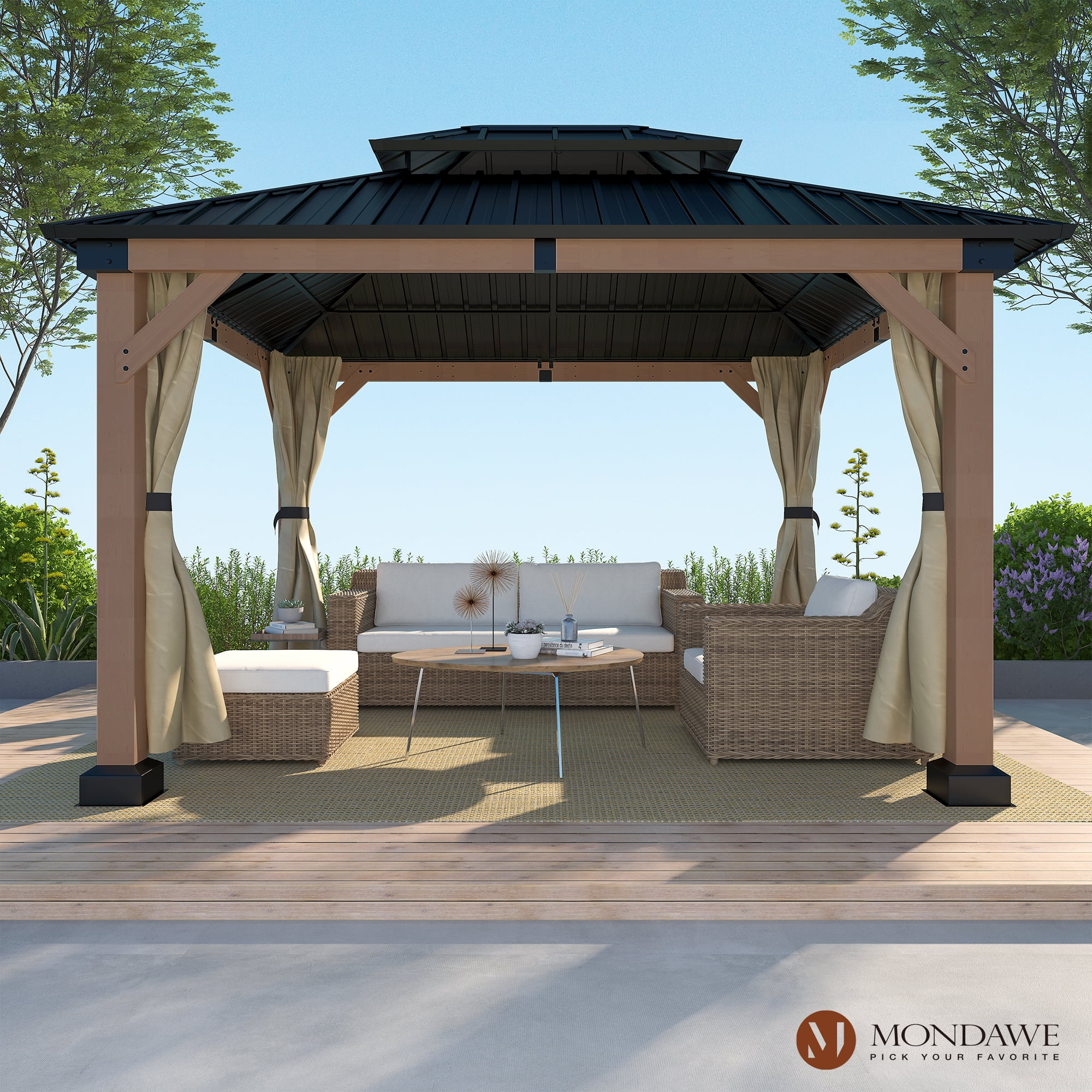 Mondawe 10'x12' Hard-Top Outdoor Pavilion: Cedar Wood Canopy with ...