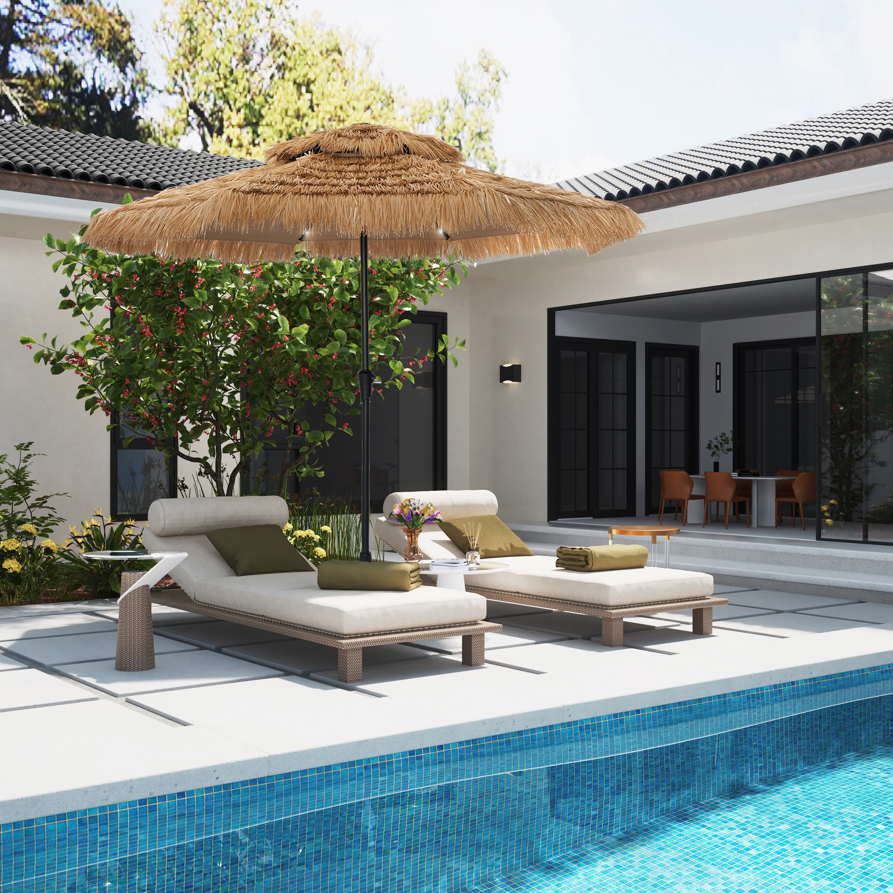 Mondawe 10FT Solar Thatched Tiki Umbrella with 28.7lbs Base Included ...