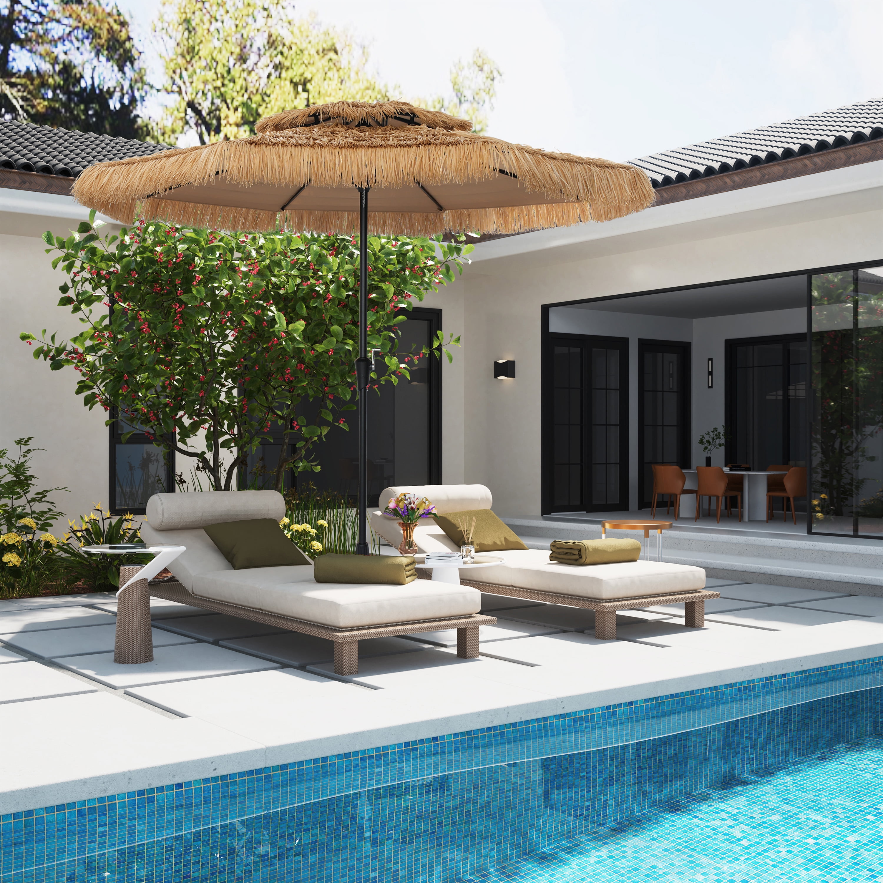 Mondawe 10FT Thatched Tiki Umbrella with 28.7lbs Base Included for ...