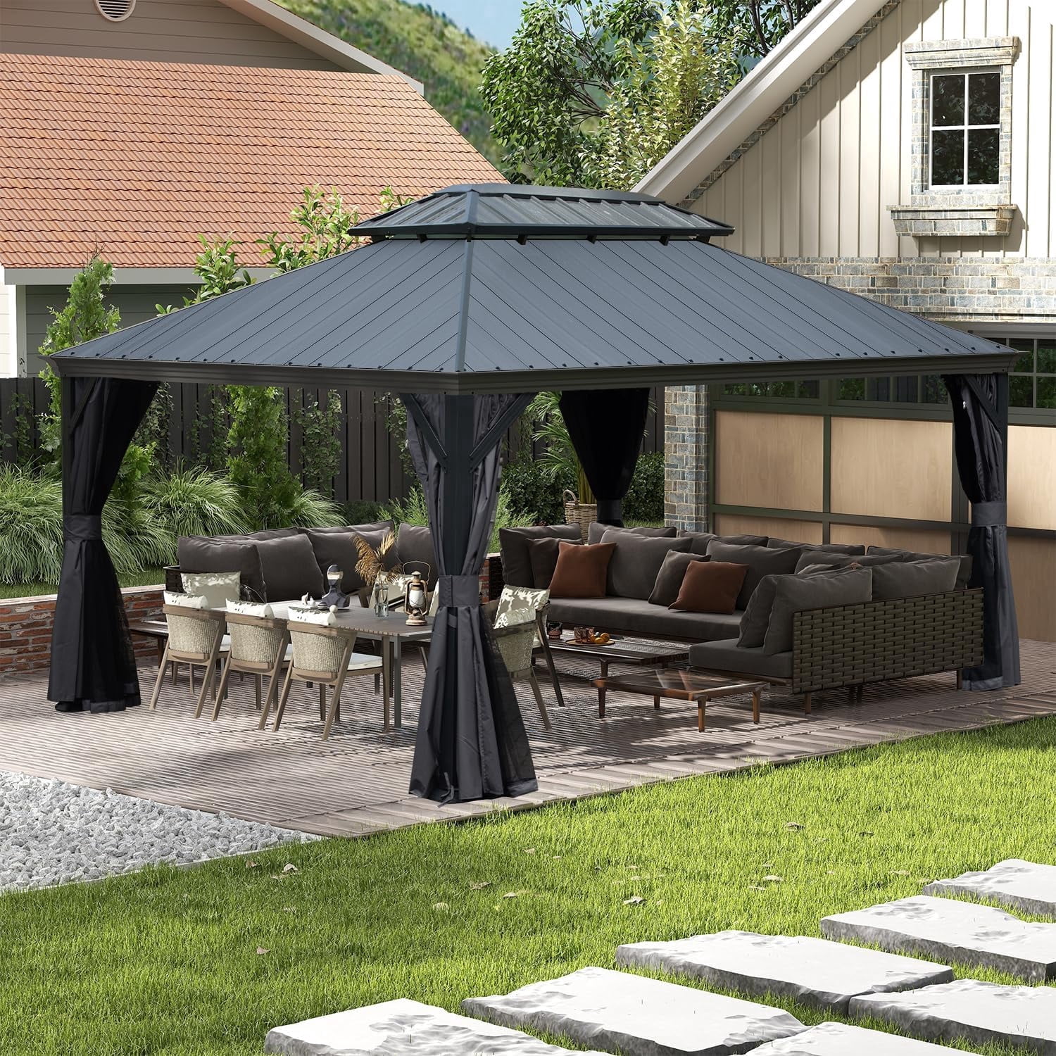 Mondawe 12x14 Ft Outdoor Aluminum Plastic Hardtop Gazebo with Curtains ...
