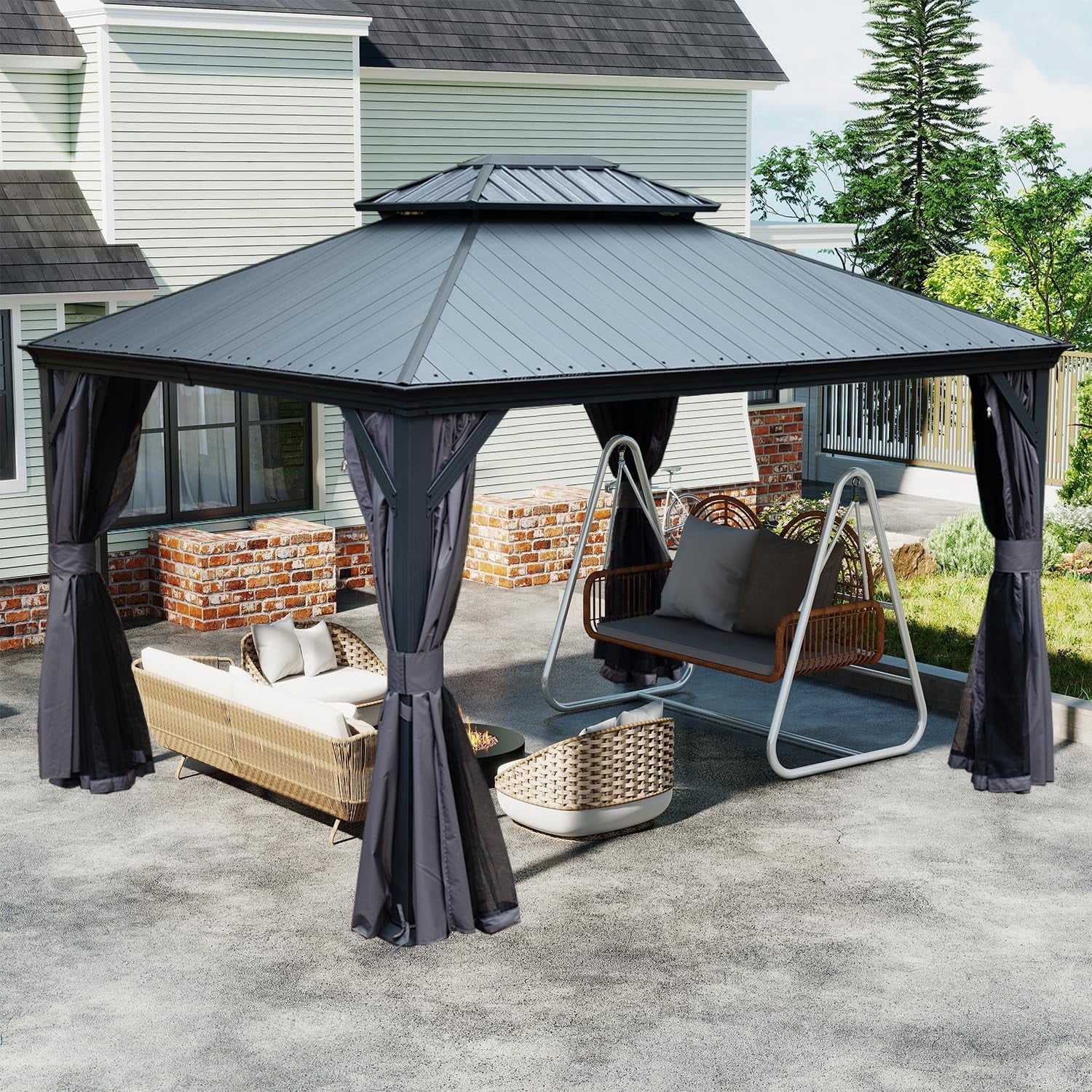 Mondawe 12x16 Ft Outdoor Aluminum Plastic Hardtop Gazebo with Curtains ...