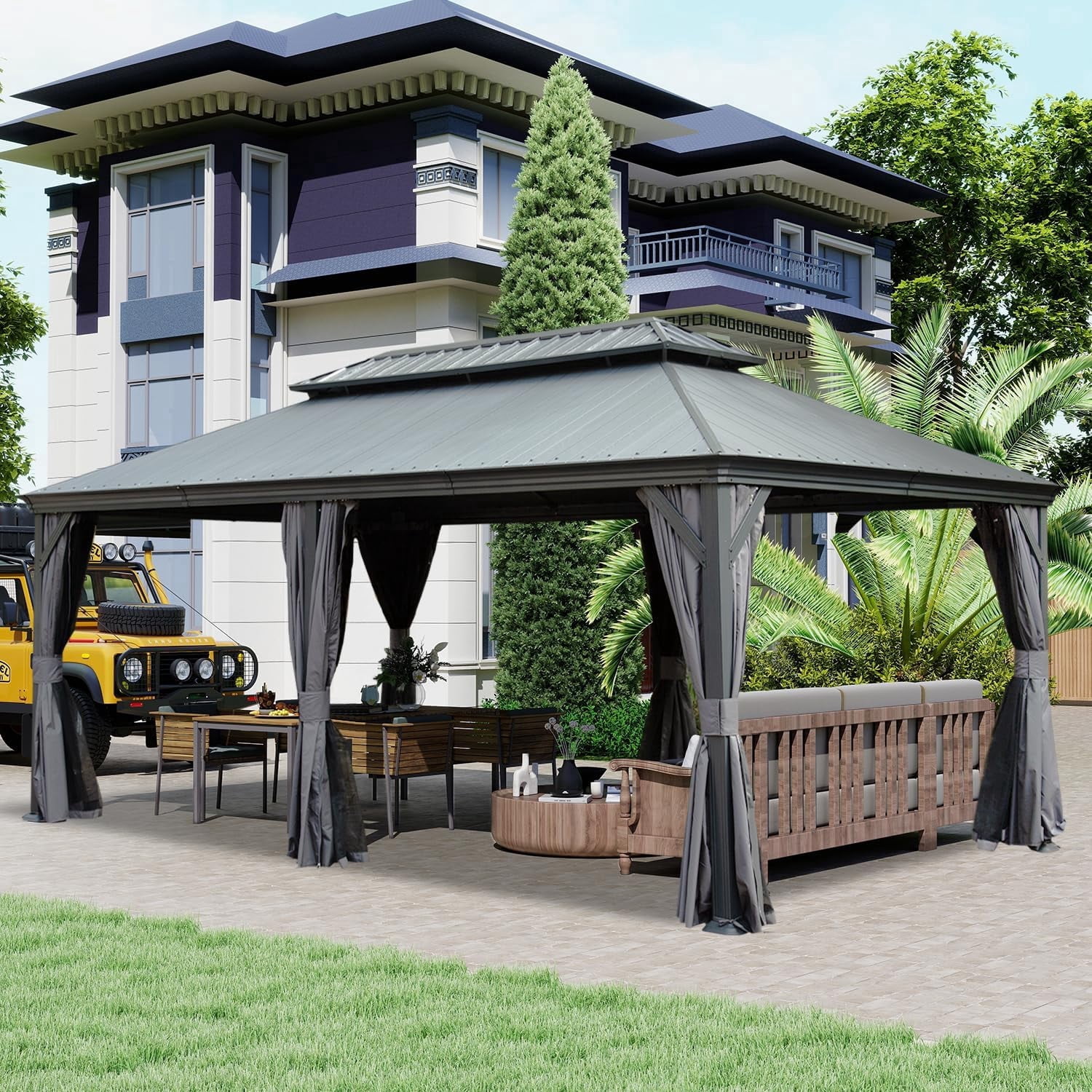 Mondawe 12x20 Ft Outdoor Aluminum Plastic Hardtop Gazebo with Curtains ...