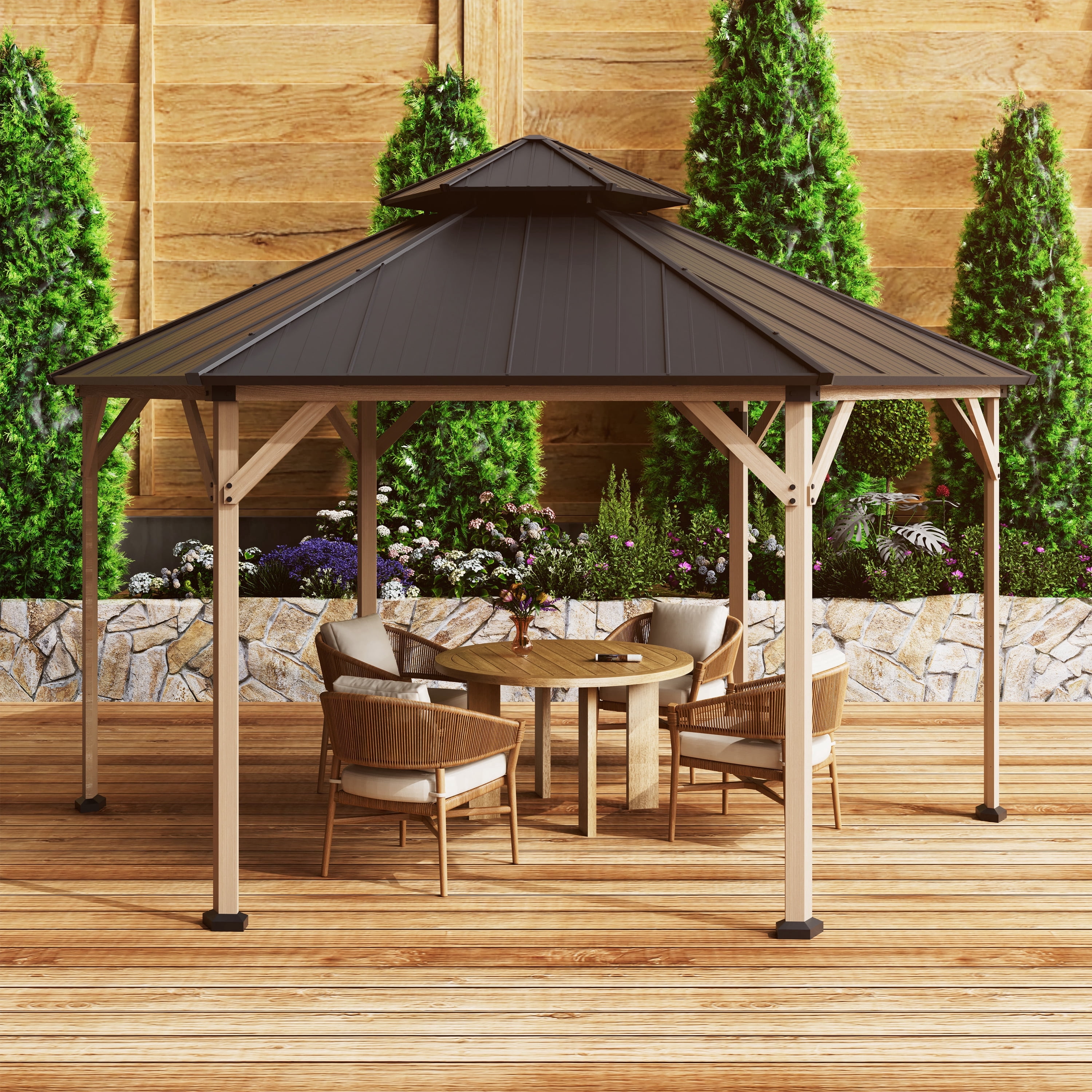 Mondawe 15FT Hexagon Hardtop Double Roof Gazebo with Solar LED lights ...