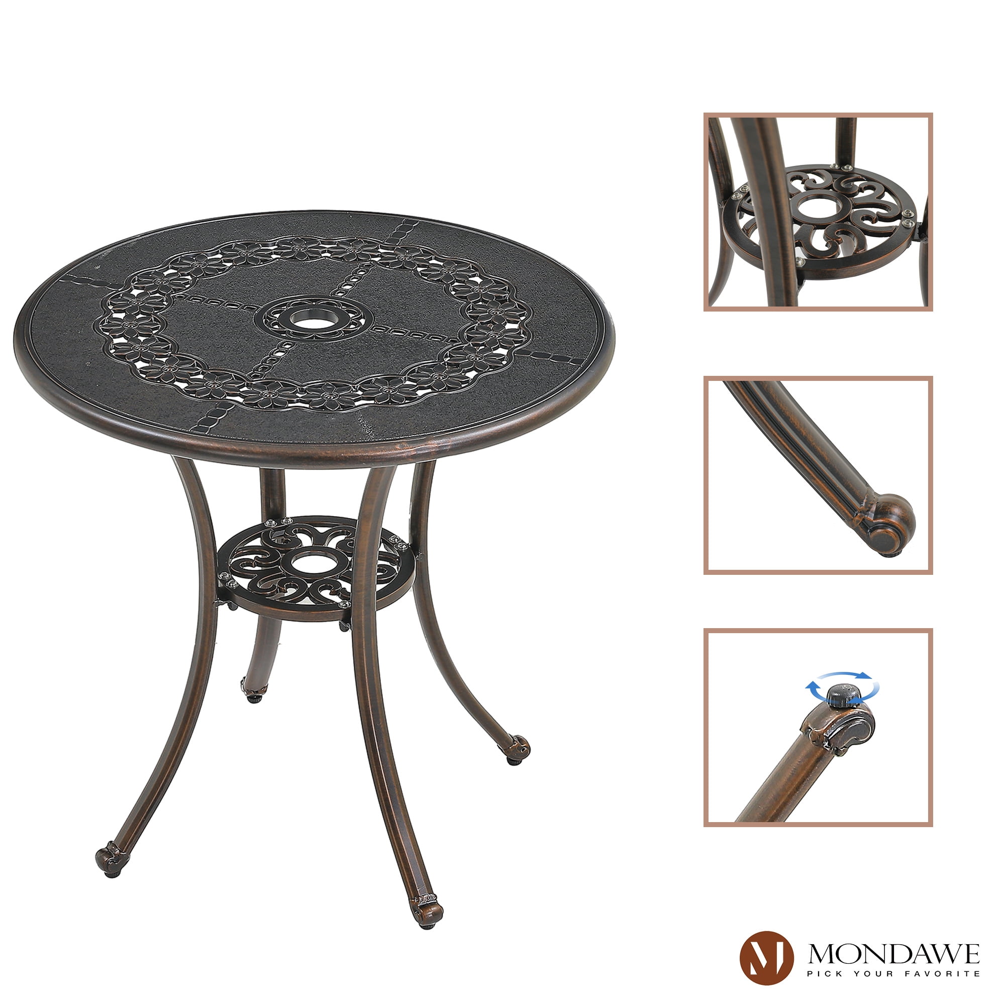 Mondawe 25 Inches Round Cast Aluminum Patio Dining Table with Umbrella ...