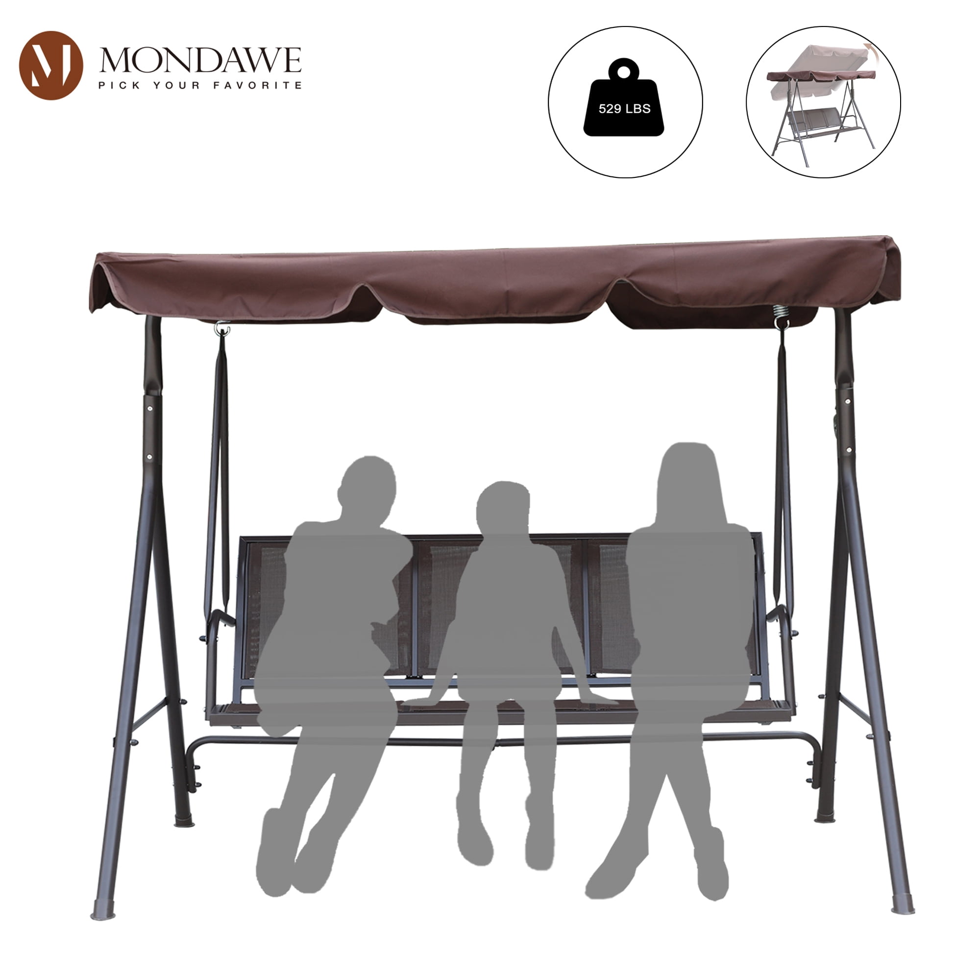 Mondawe 3 Persons Adjustable Porch Swing Steel and Textilene Fabric Glider Patio Canopy Swings ...