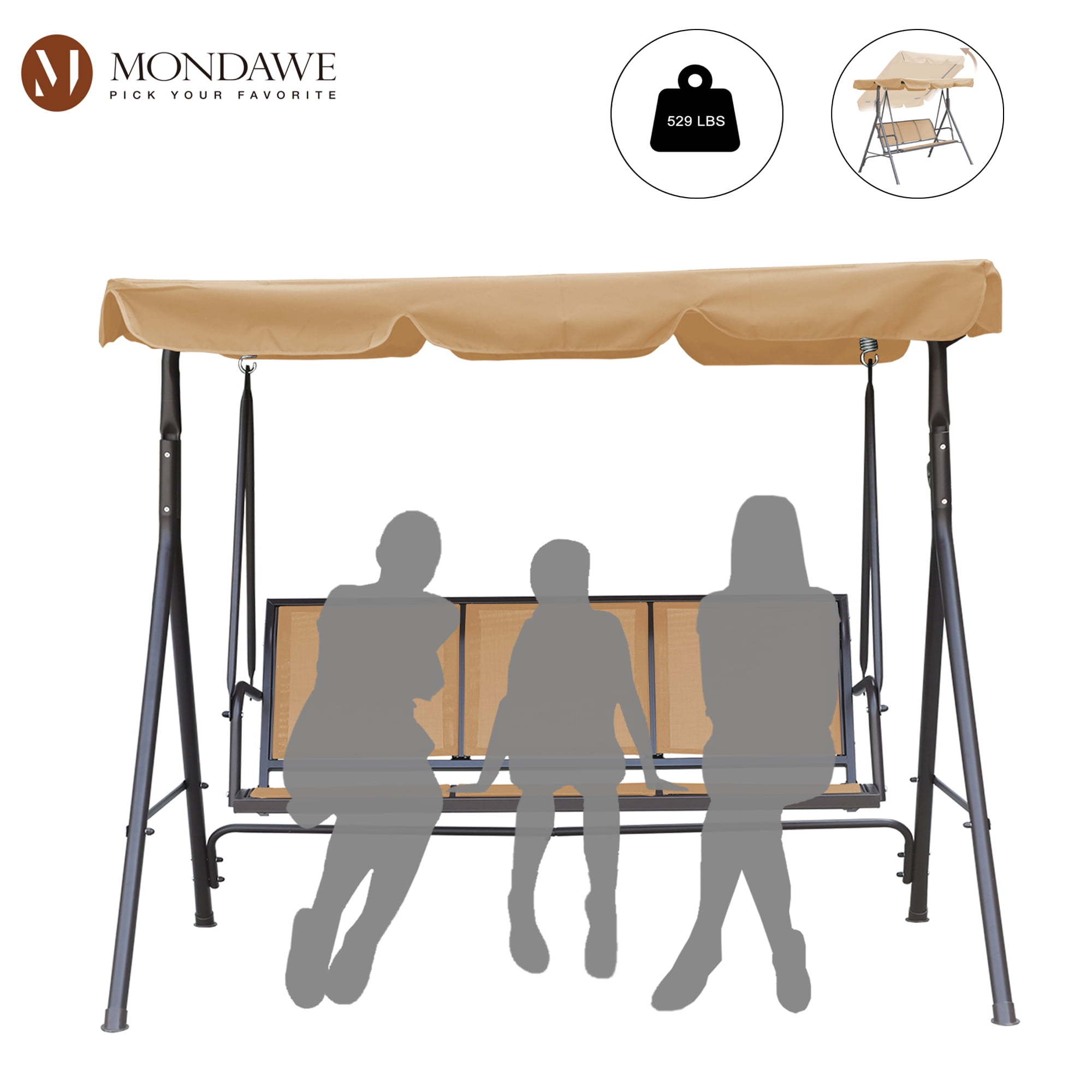 Mondawe 3 Persons Adjustable Porch Swing Steel and Textilene Fabric ...