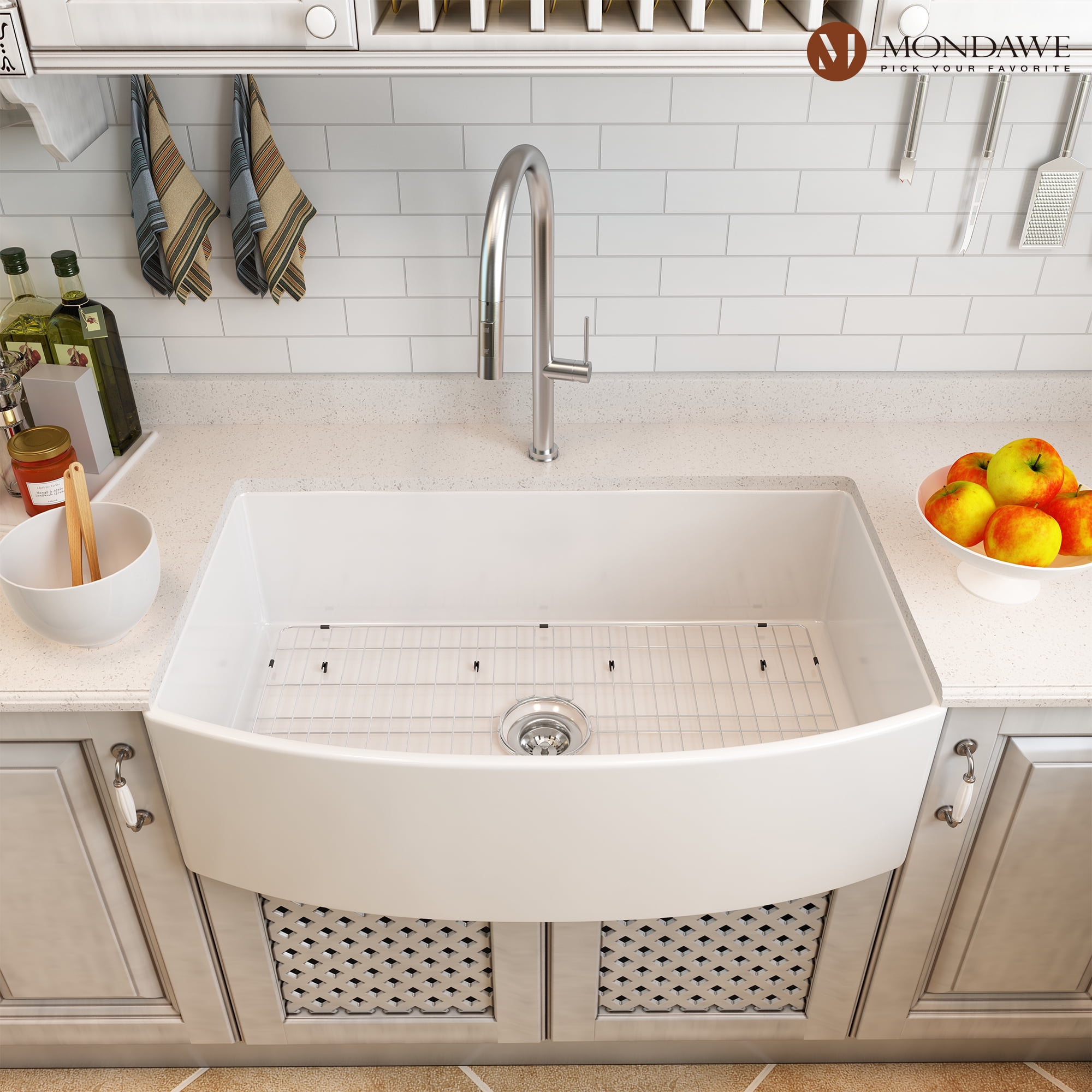 Mondawe 33" Farmhouse Sink Curved Apron Front Ceramic Porcelain ...