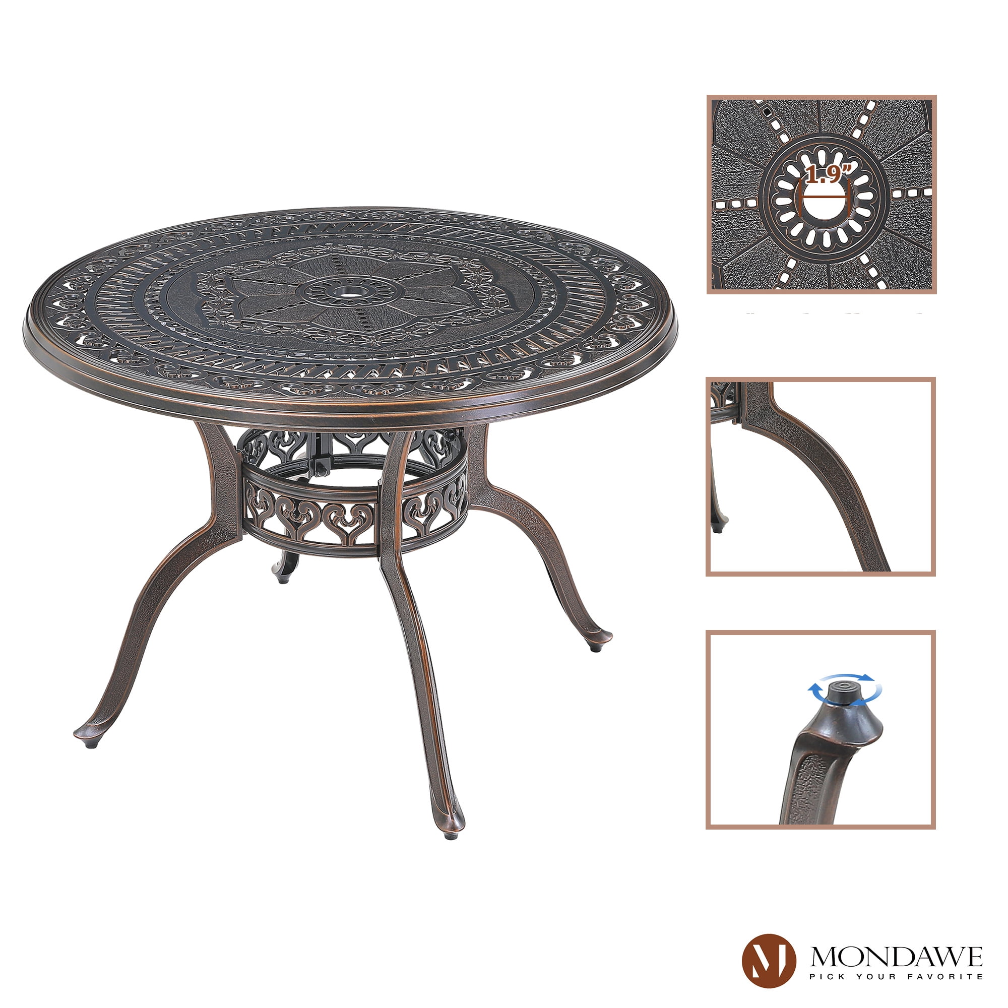 Mondawe 39" Cast Aluminum Round Dining Table with Umbrella Hole, All ...