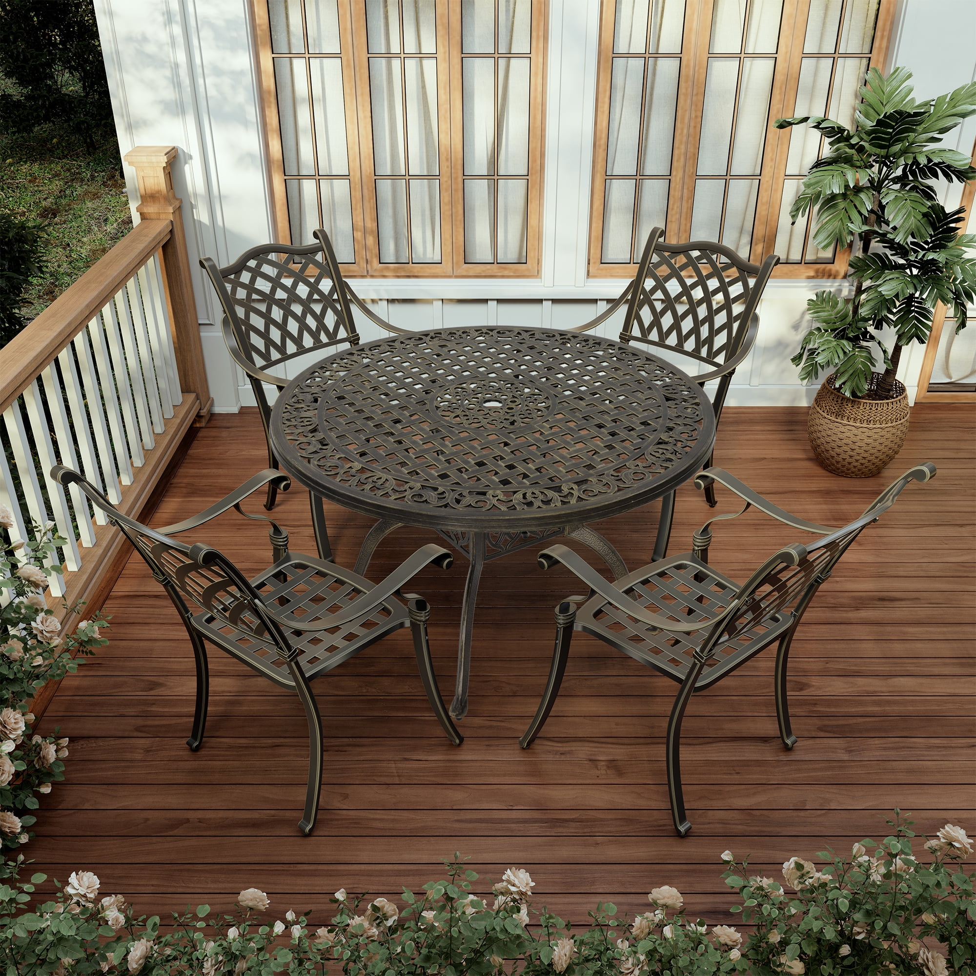 Mondawe 47'' Cast Aluminum Round Table Slanted Grid Dining Table with 2 ...