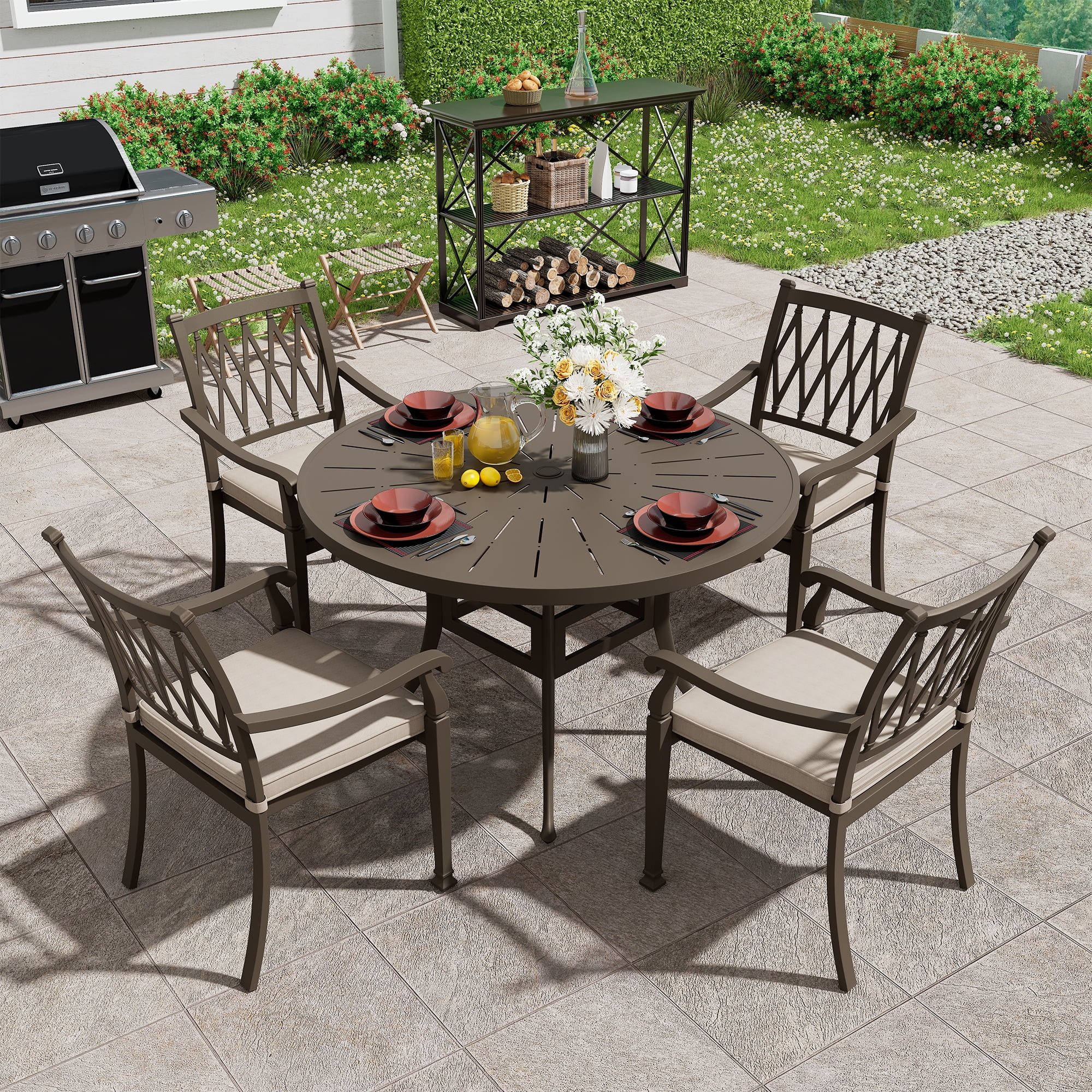 Mondawe 5-Piece Outdoor Dining Set, Outdoor Cast Aluminum Patio Table ...