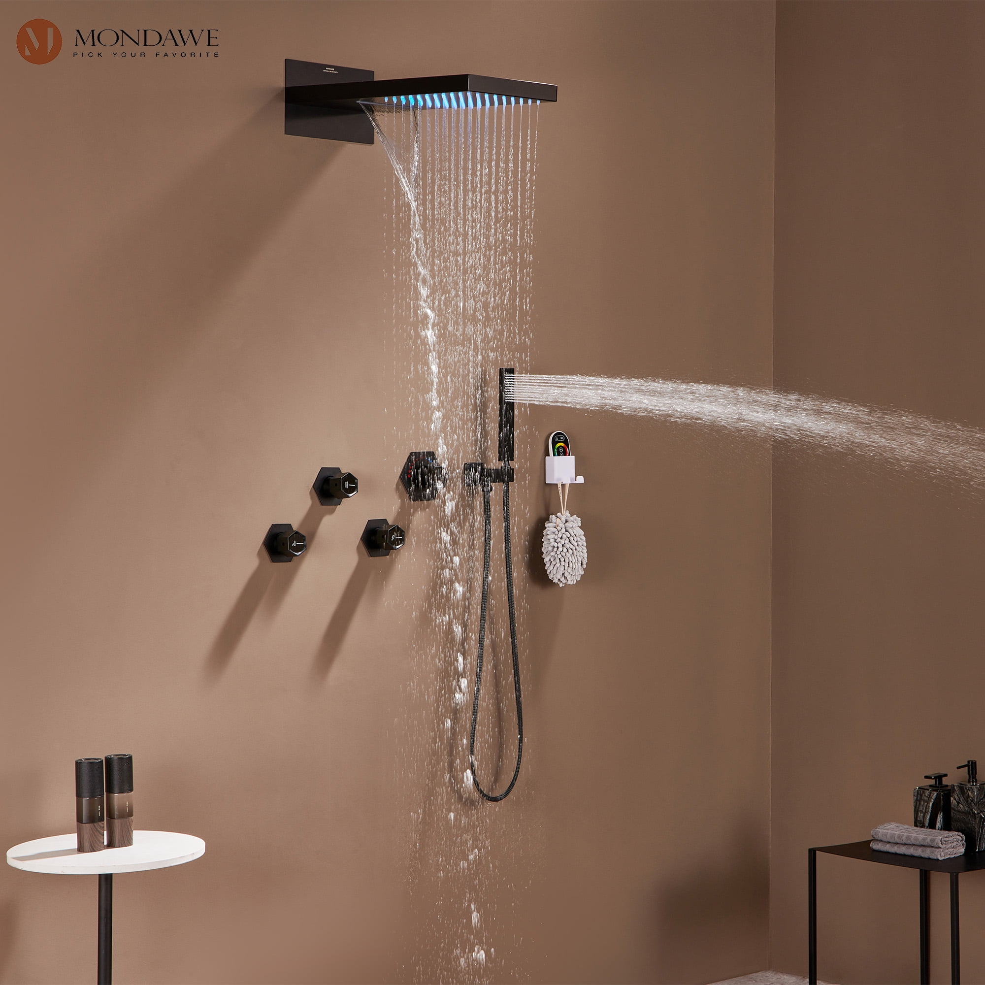 Mondawe 64-Color Luxury Led Rainfall Shower Head with Handheld Spray ...