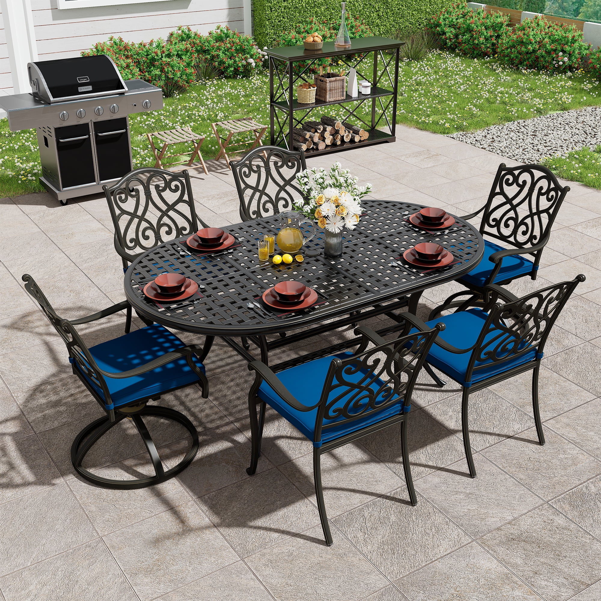 Mondawe 7-Piece Outdoor Dining Set Cast Aluminum Retro Patio Dining Set ...