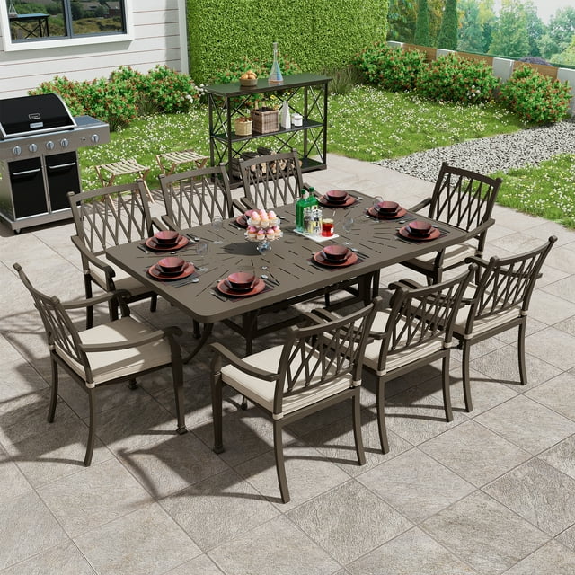 Mondawe 9-Piece Cast Aluminum 72" Outdoor Dining Table Set, 8 Armchair ...