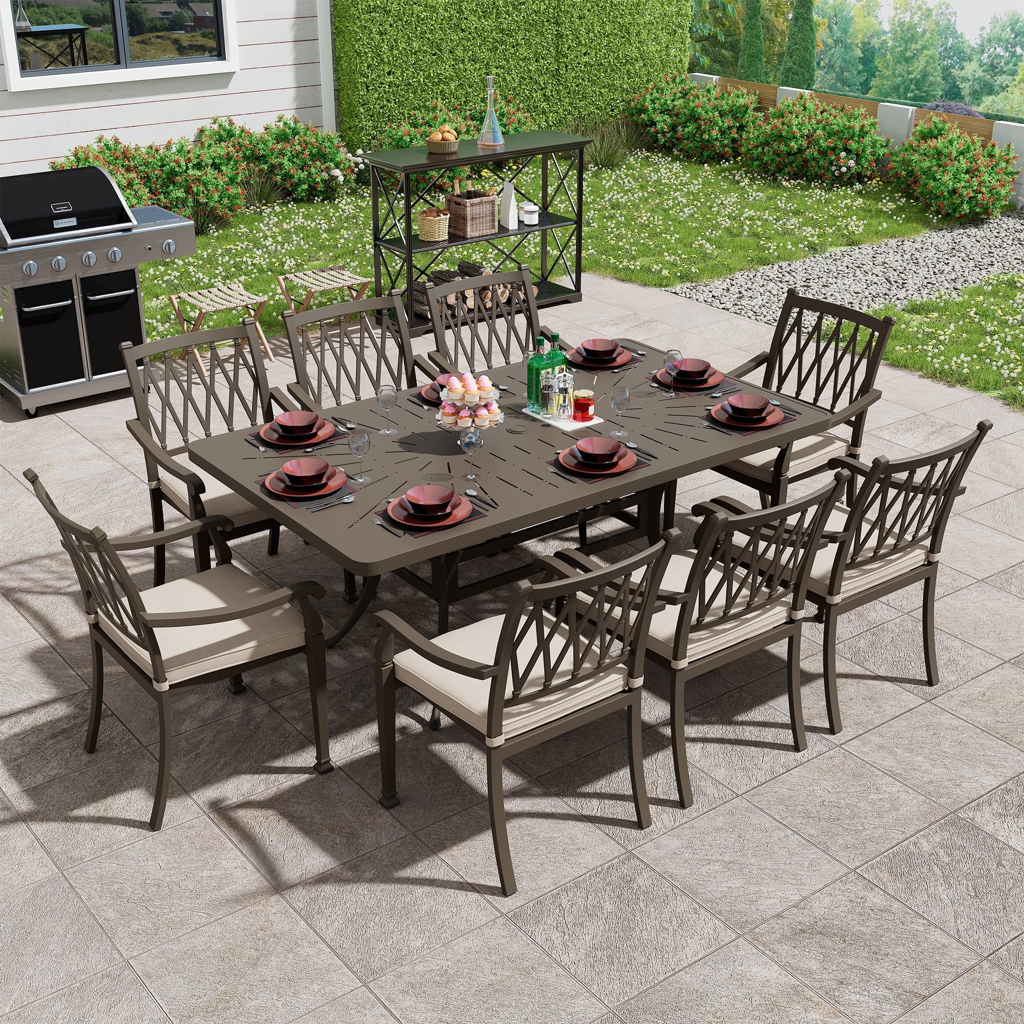 Mondawe 9-Piece Outdoor Dining Set, Outdoor Cast Aluminum Patio Table ...
