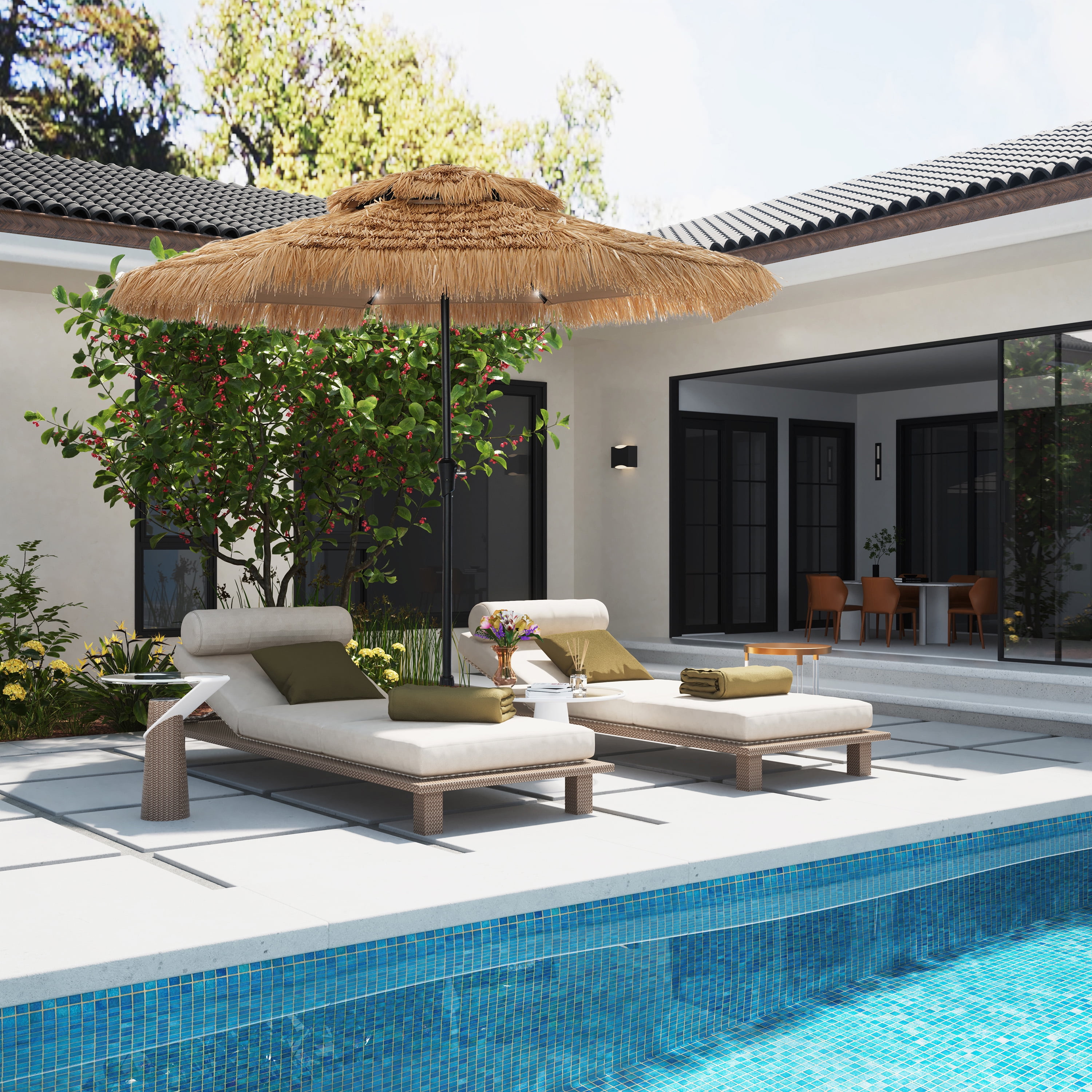 Mondawe 9FT Solar Thatched Tiki Umbrella with 28.7lbs Base Included for ...