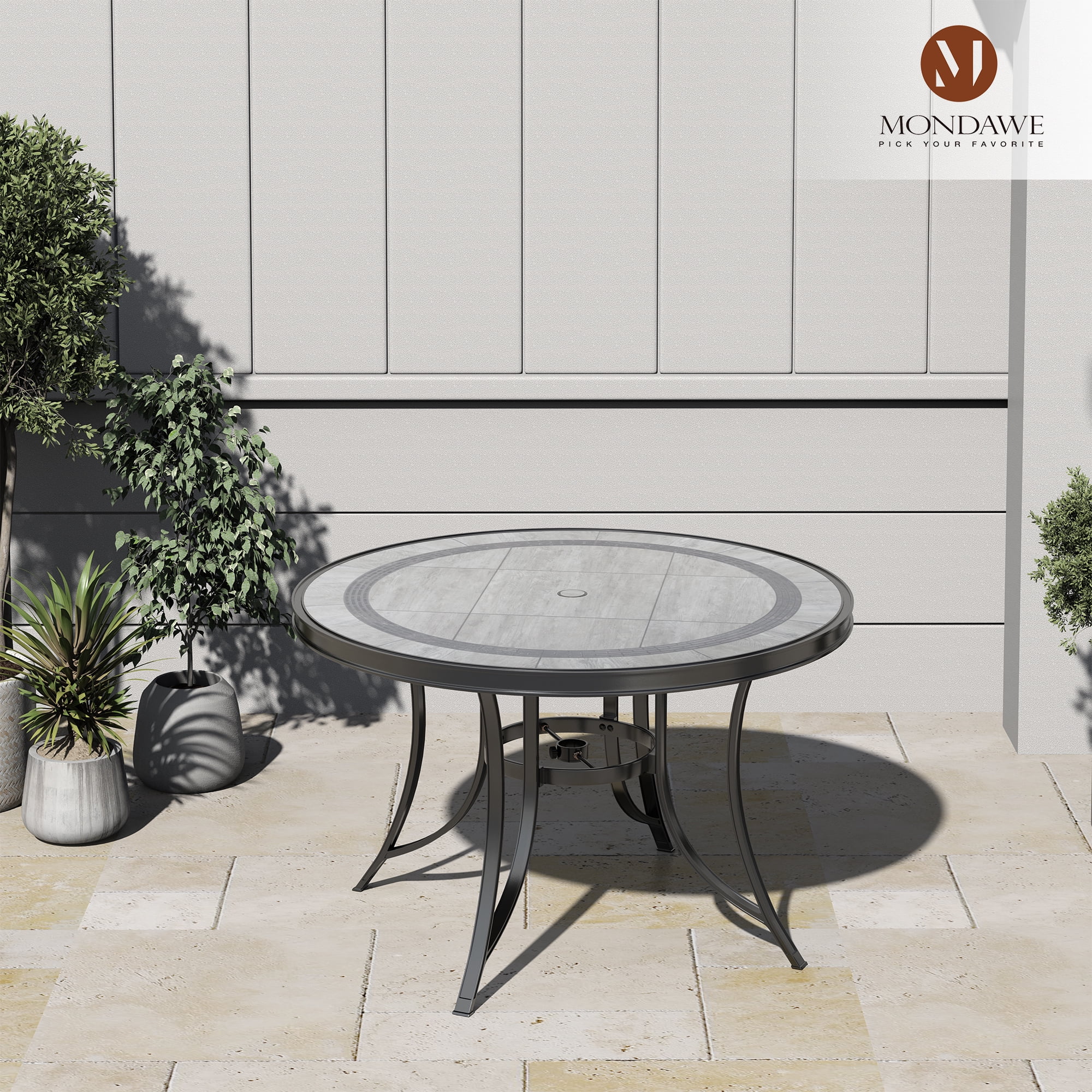 Mondawe Patio Dining Table 48" Round Cast Aluminum Tiles Top Outdoor ...