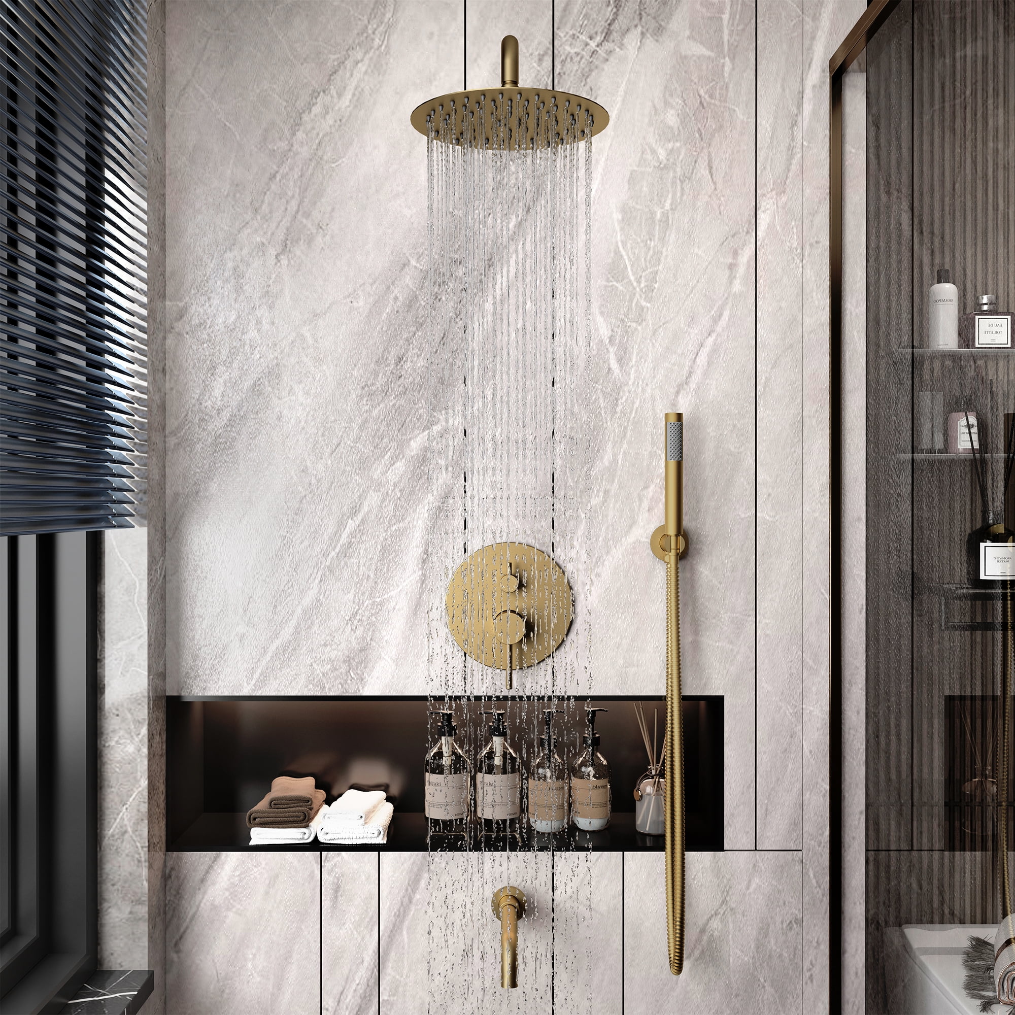 Mondawe Wall Mount Round Shower Set Brushed Gold Shower System with Tub ...