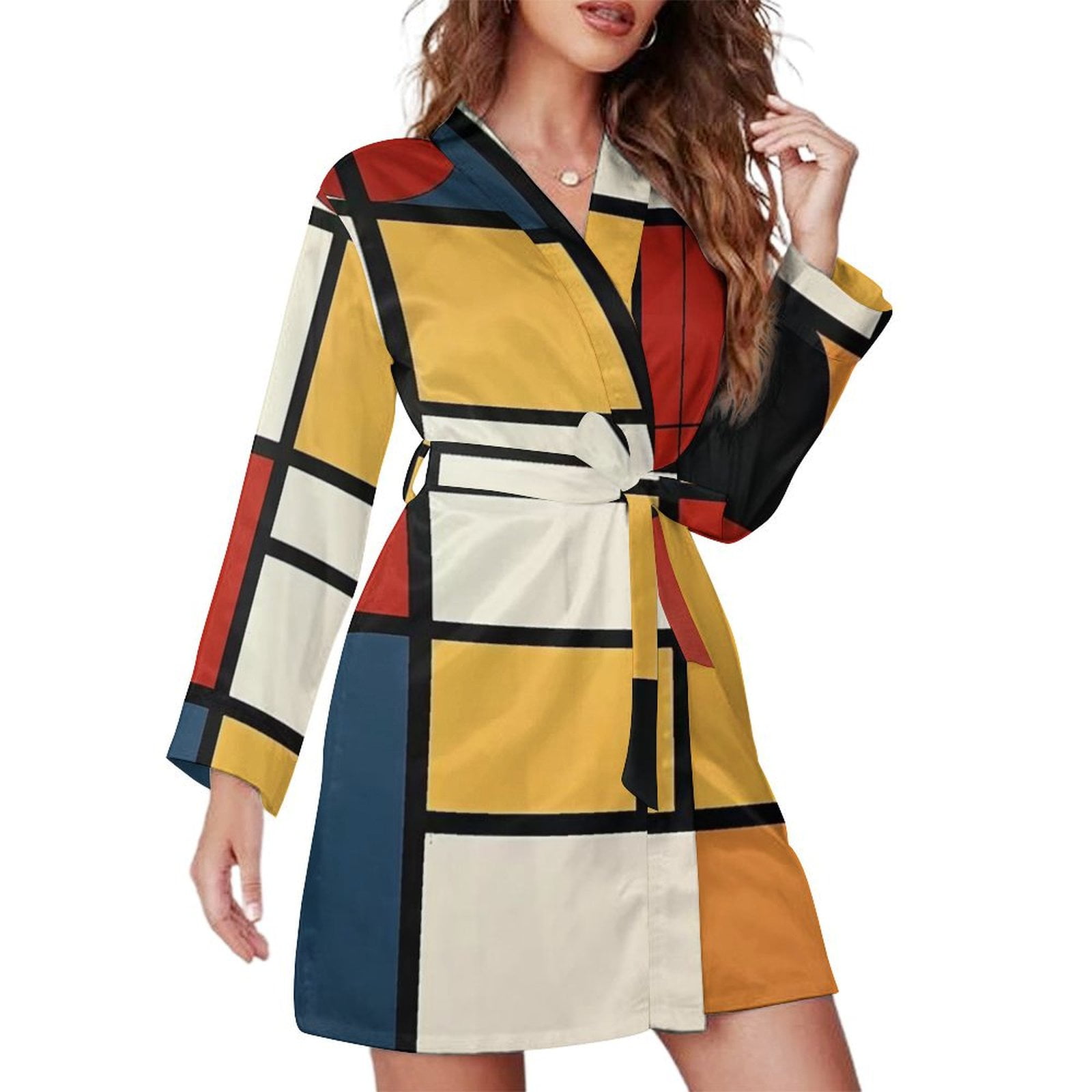Mondrian Inspired（17） Night Robe Long Sleeve V Neck Robe With Belt ...