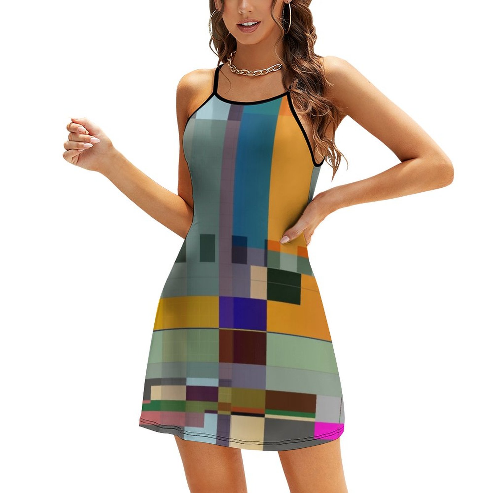 Mondrian Square Neck Dress Sweet Summer Dress Women Elegant Halter ...