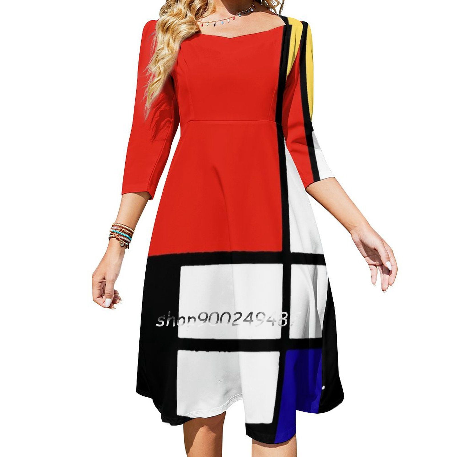 Mondrian Sweet Elegant Dress Women Korean Kawaii Square Collar Dress ...