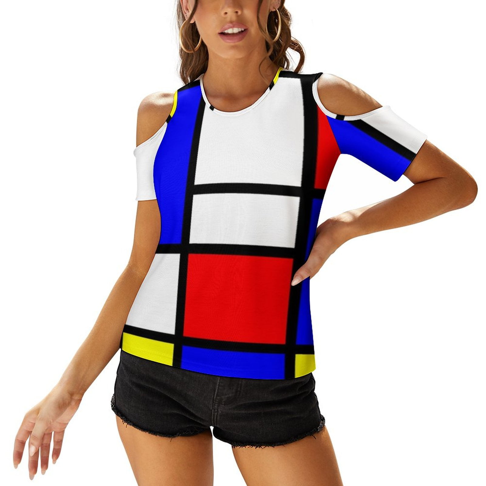Mondrian Women Zipper Sexy Printed Vintage T Shirts Tops Full Print T ...