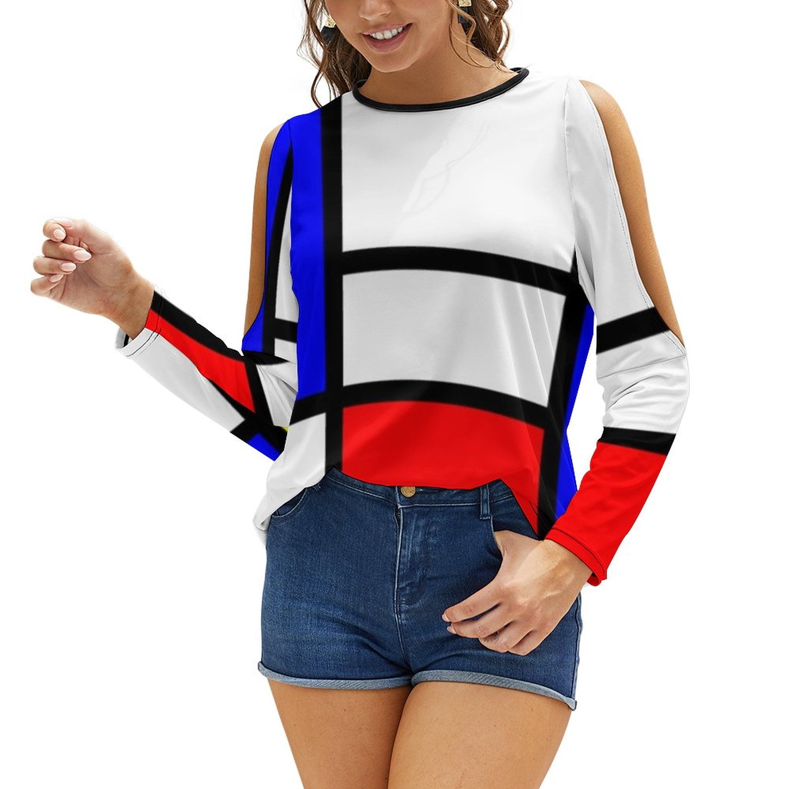 Mondrian Women Zipper Sexy Printed Vintage T Shirts Tops Full Print T ...