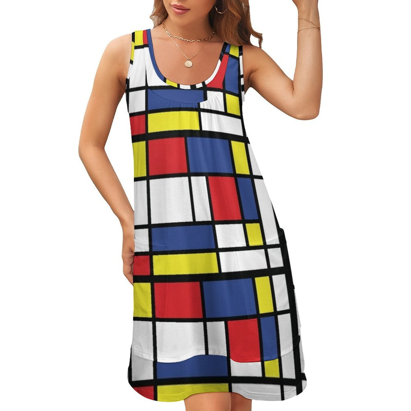 Mondrian reinterpretation Sleeveless U-Neck Fake Two Piece Dress ...
